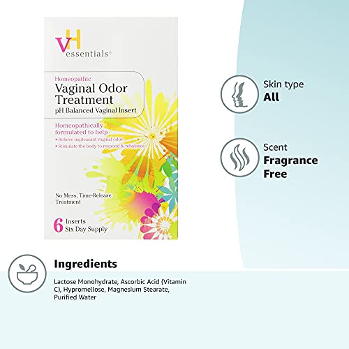 vH essentials Vaginal Odor Treatment - pH Balanced Vaginal Suppositories - 6 Tablets With Applicator, White, (667-06)