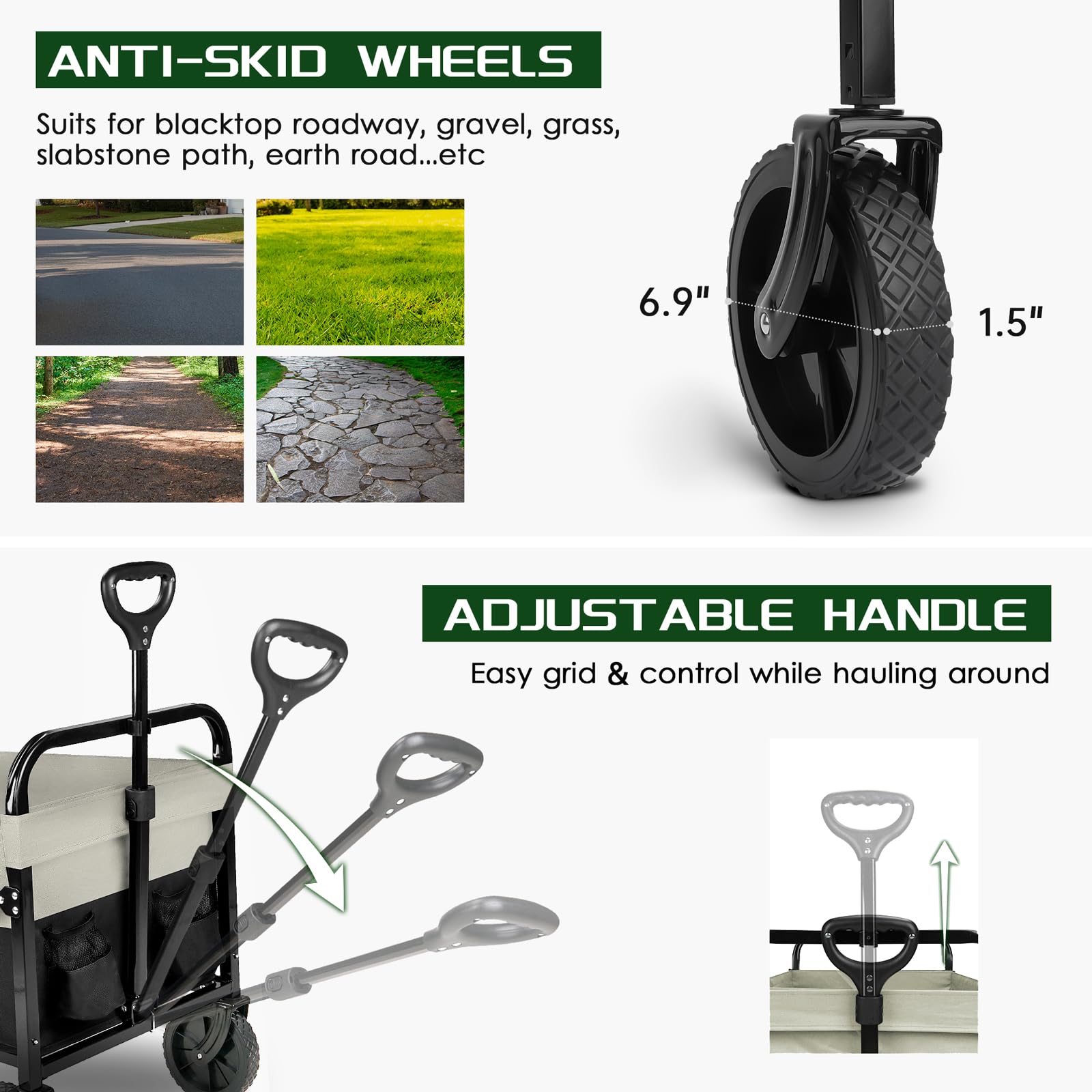 Kamopot Large Collapsible Wagon Foldable for Grocery, Beach, Park, Yard, 34 x 18 Inch Inner Storage. Folding Utility Shopping Cart on Wheels. Heavy Duty, Durable w/Cupholders (Black-Gray)