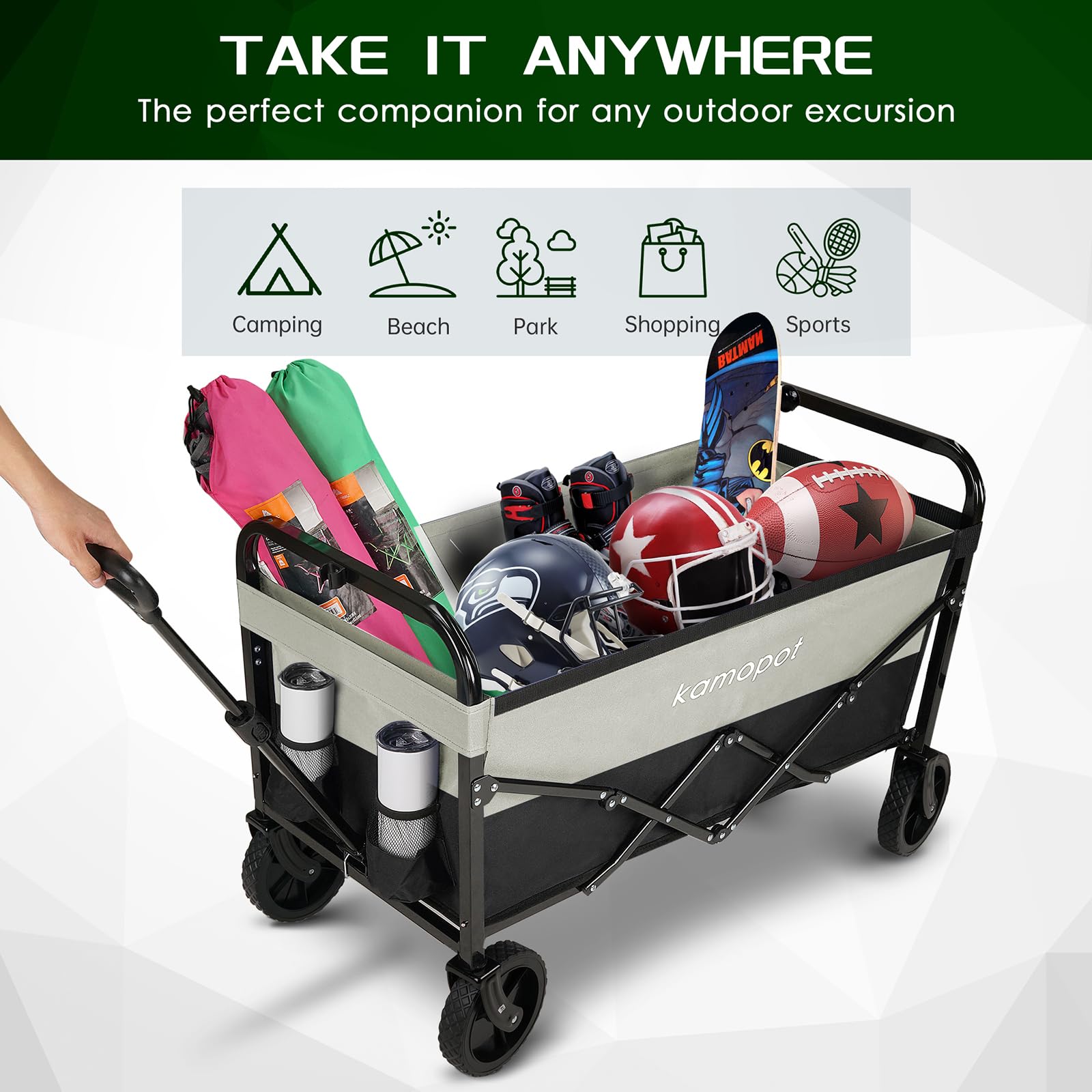Kamopot Large Collapsible Wagon Foldable for Grocery, Beach, Park, Yard, 34 x 18 Inch Inner Storage. Folding Utility Shopping Cart on Wheels. Heavy Duty, Durable w/Cupholders (Black-Gray)