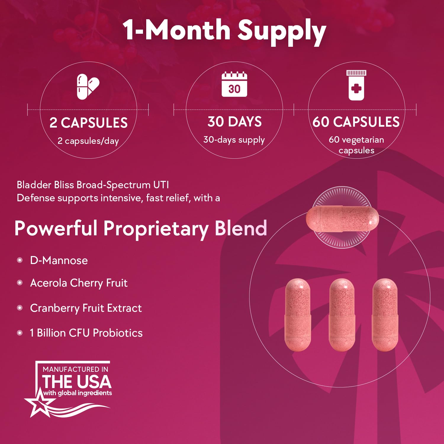 Bladder Bliss: Advanced Cranberry Supplement & D-Mannose Formula for Urinary Tract Health for Women, Non-GMO, Gluten-Free, Vegan Capsules, Fast-Acting Relief & UTI Prevention, Bladder Support, 60 Ct
