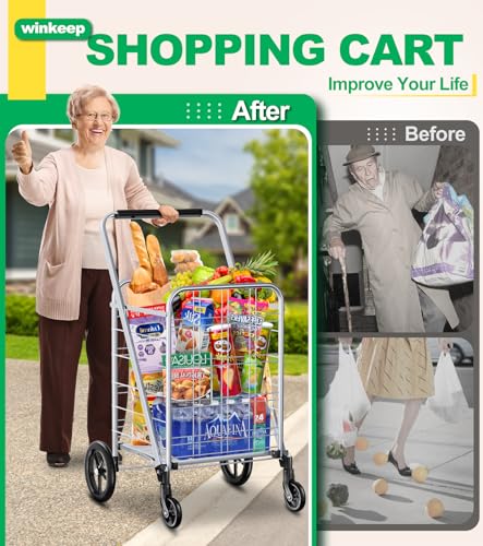 winkeep Newly Released Grocery Utility Flat Folding Shopping Cart with 360° Rolling Swivel Wheels Heavy Duty & Light Weight Extra Large Utility Cart