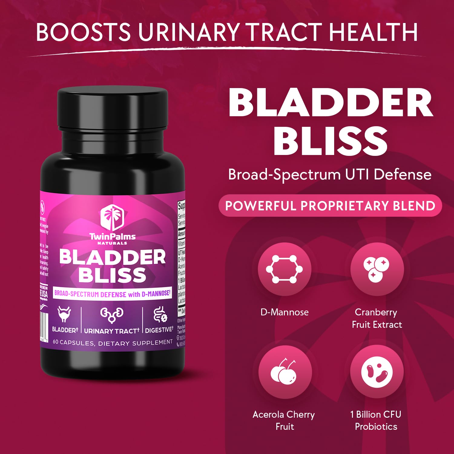 Bladder Bliss: Advanced Cranberry Supplement & D-Mannose Formula for Urinary Tract Health for Women, Non-GMO, Gluten-Free, Vegan Capsules, Fast-Acting Relief & UTI Prevention, Bladder Support, 60 Ct