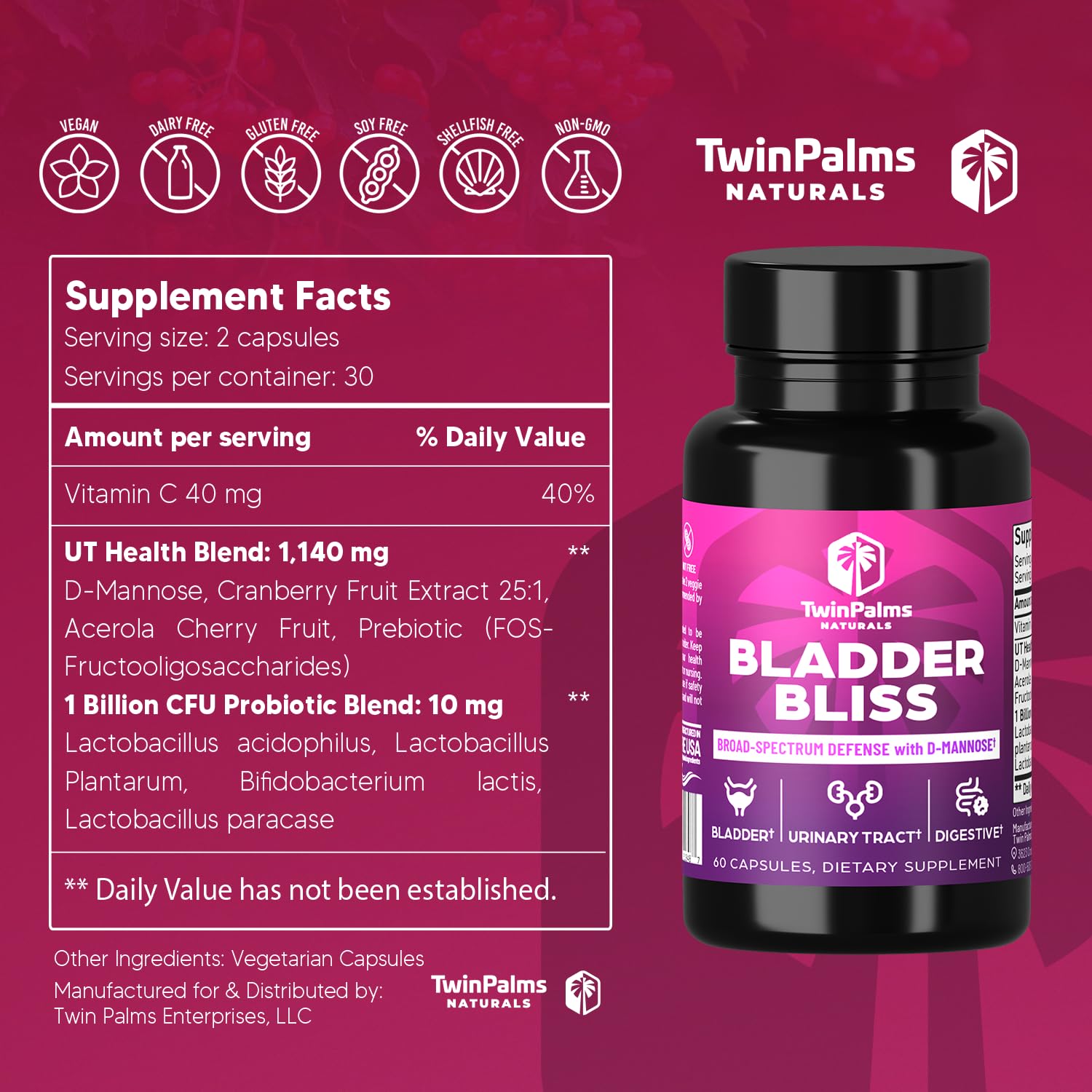 Bladder Bliss: Advanced Cranberry Supplement & D-Mannose Formula for Urinary Tract Health for Women, Non-GMO, Gluten-Free, Vegan Capsules, Fast-Acting Relief & UTI Prevention, Bladder Support, 60 Ct
