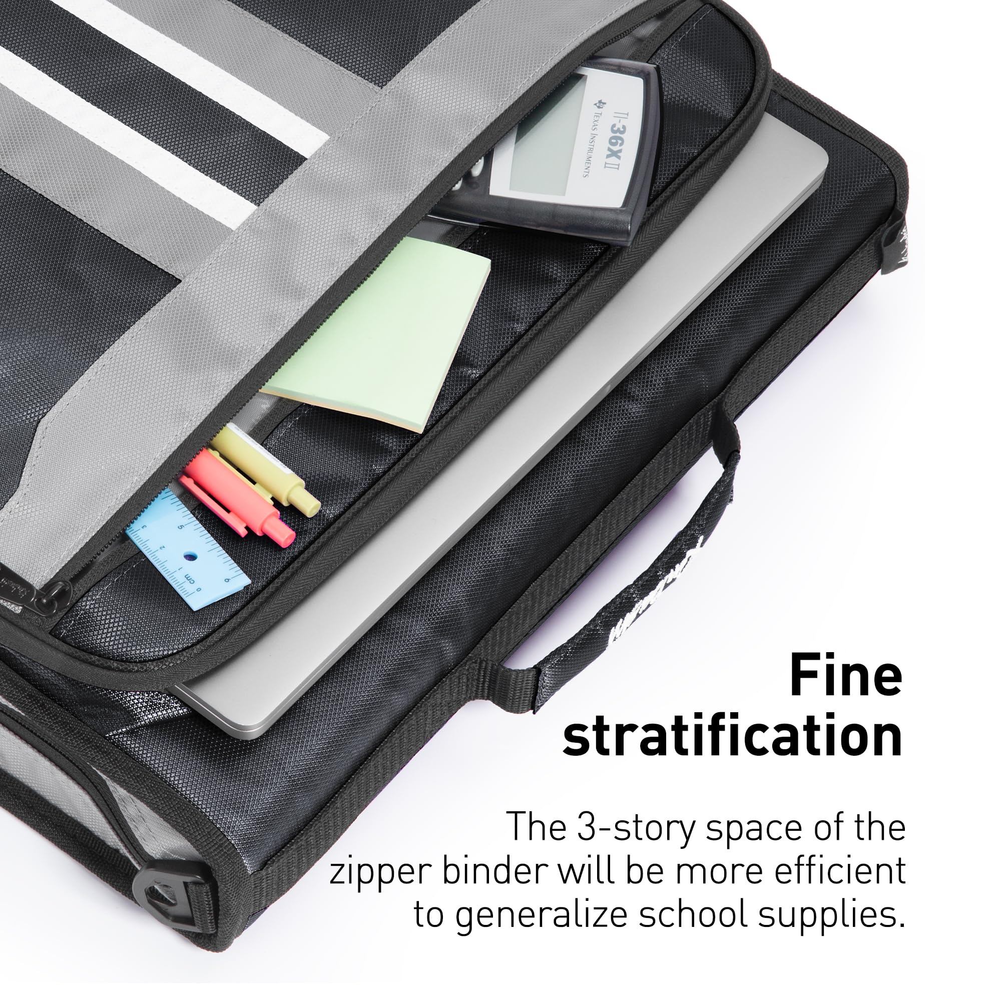 Kinbashi 2-Inch 3 Rings Zipper Binder, Holds 15-Inch Laptop, Handle and Shoulder Strap Included, Black