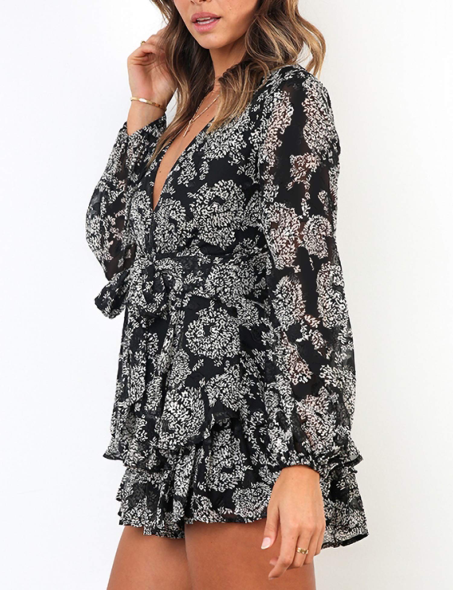 Relipop Women's Romper Floral Print V Neck Baggy Sleeve Waist Tie Layered Ruffle Hem Short Casual Summer Rompers Jumpsuits