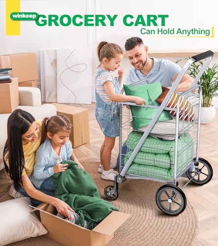 winkeep Newly Released Grocery Utility Flat Folding Shopping Cart with 360° Rolling Swivel Wheels Heavy Duty & Light Weight Extra Large Utility Cart