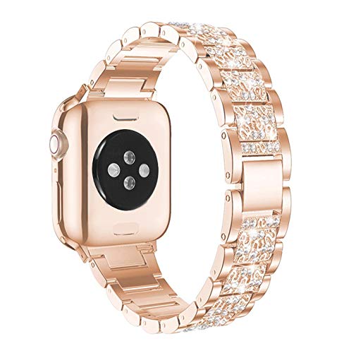 Mosonio Compatible with Apple Watch Band 40mm with Case Women, Jewelry Replacement Metal Wristband Strap with 2 Pack Bling PC Protective Cover for iWatch Series 6/5/4(Rose Gold)