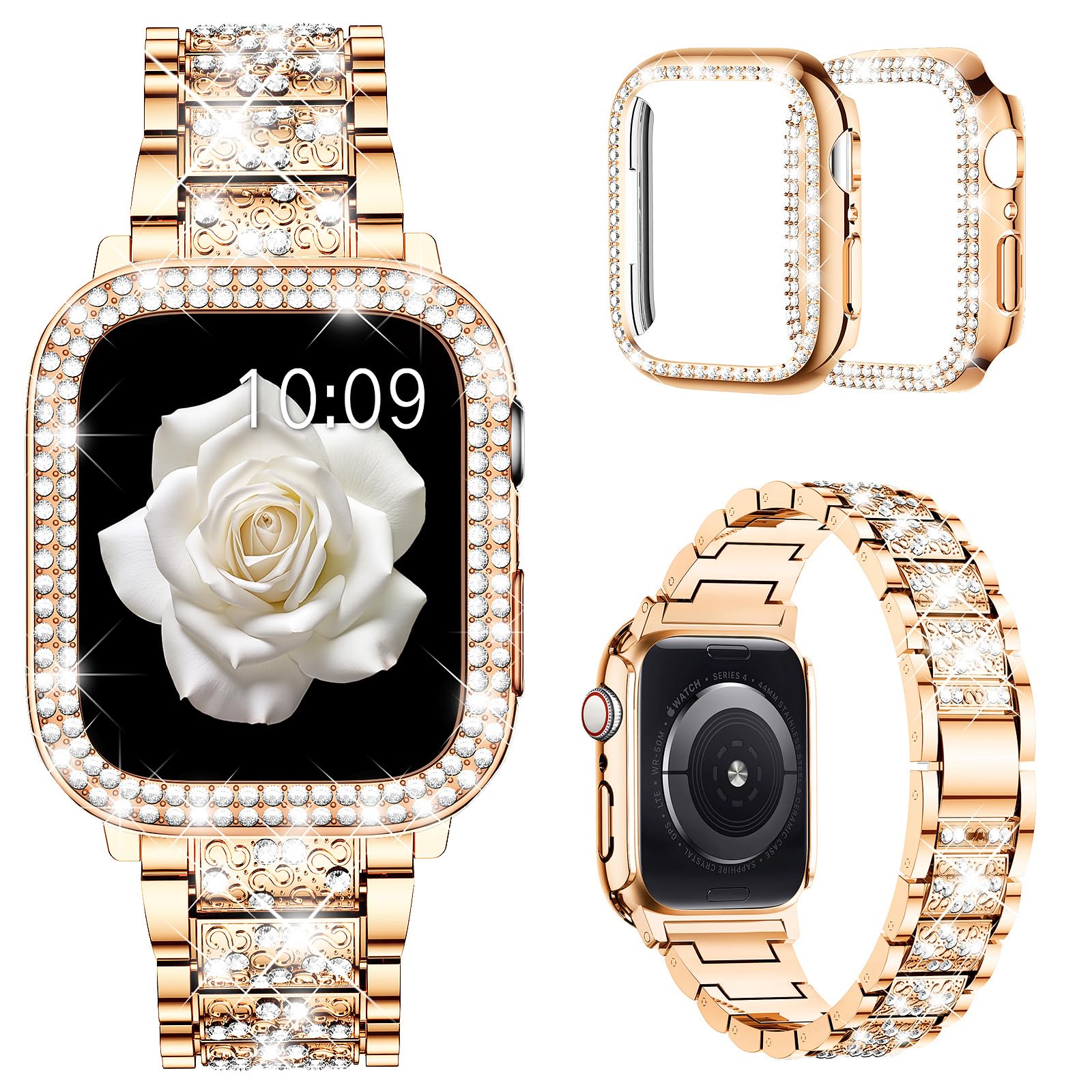 Mosonio Compatible with Apple Watch Band 40mm with Case Women, Jewelry Replacement Metal Wristband Strap with 2 Pack Bling PC Protective Cover for iWatch Series 6/5/4(Rose Gold)