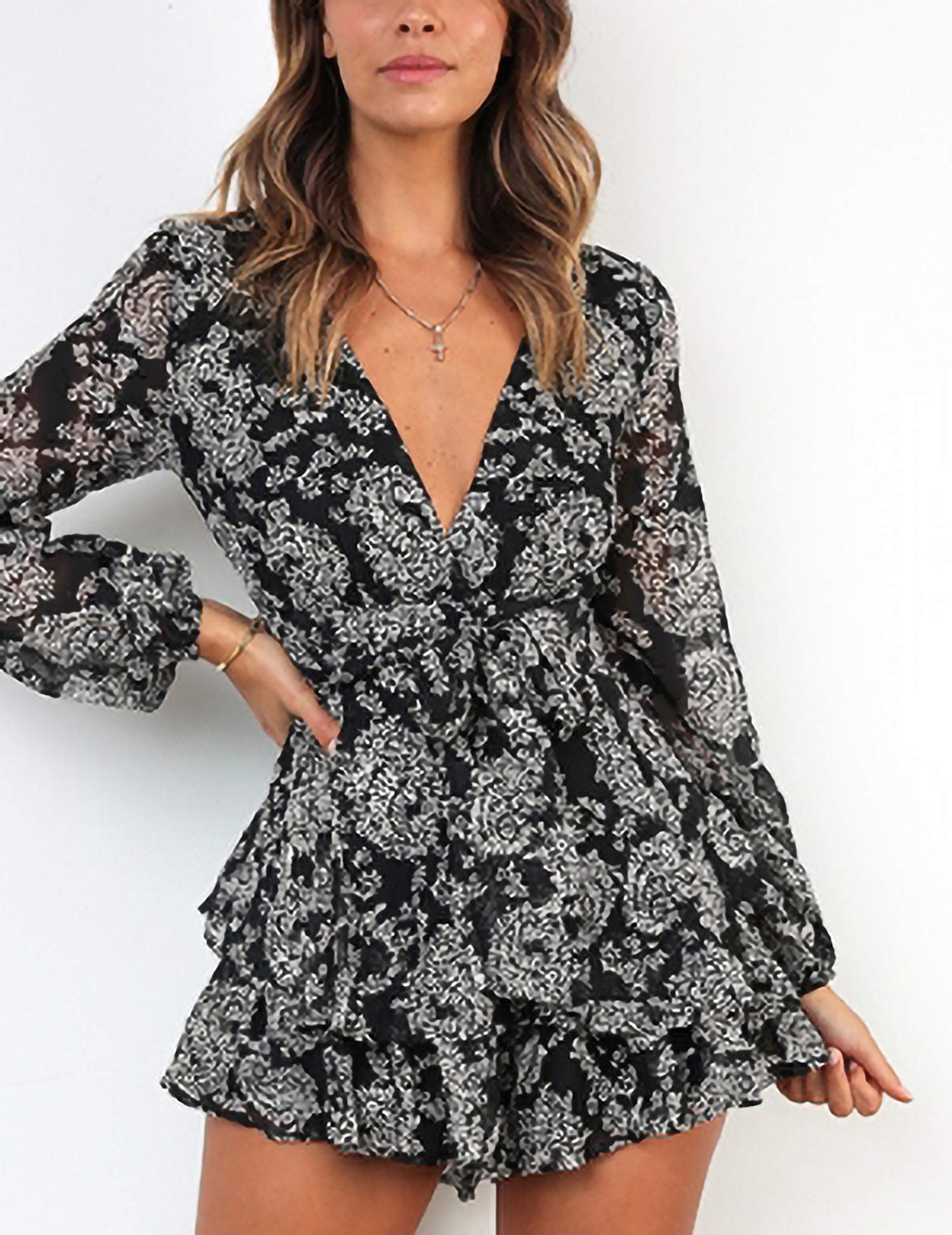 Relipop Women's Romper Floral Print V Neck Baggy Sleeve Waist Tie Layered Ruffle Hem Short Casual Summer Rompers Jumpsuits