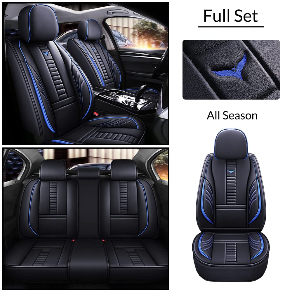 Pengchen Waterproof 5 Car Seat Covers for Nissan Rogue 2008-2025, Premium Faux Leather Automotive Front and Back Seat Protectors Compatible with Airbag Black & Blue Line