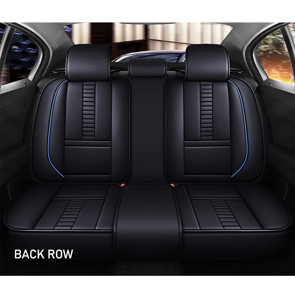 Pengchen Waterproof 5 Car Seat Covers for Nissan Rogue 2008-2025, Premium Faux Leather Automotive Front and Back Seat Protectors Compatible with Airbag Black & Blue Line