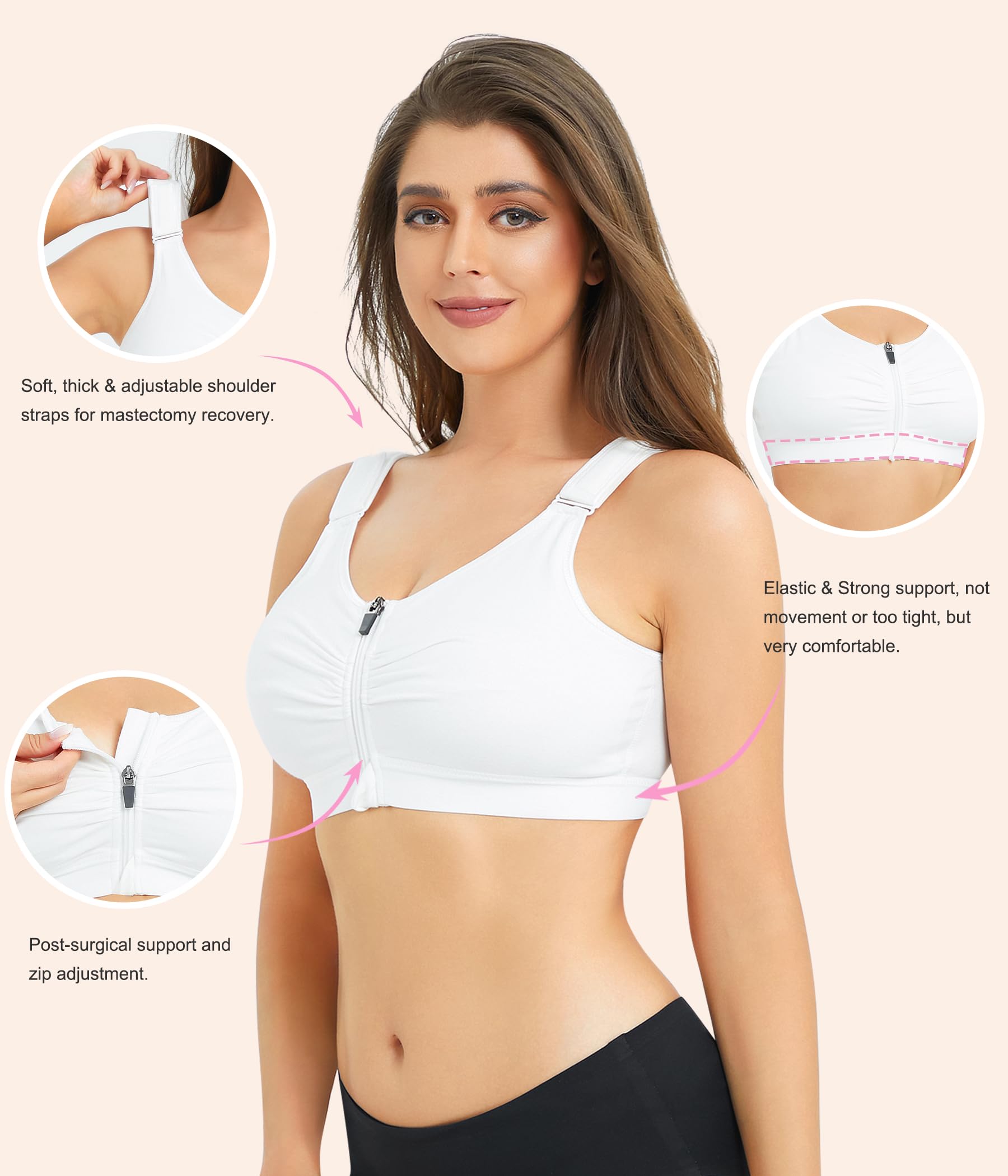 BRABIC Zip Front Closure Everyday Bra for Women Post Surgery Compression Support with Adjustable Straps Wirefree (Medium, White)