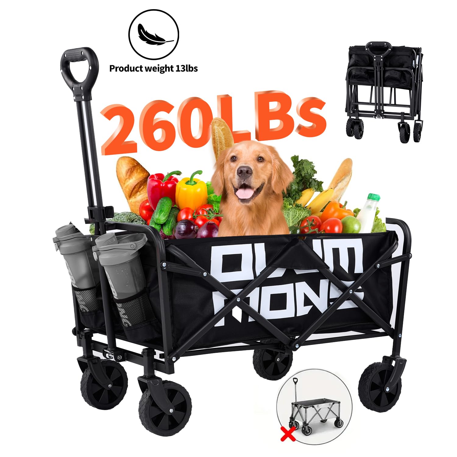 Olymmons Collapsible Folding Wagon Carts 260lbs Weight Capacity Heavy Duty Foldable Utility Wagon Cart with All Terrain Wheels for Camping,Shopping,Grocery,Beach,Garden