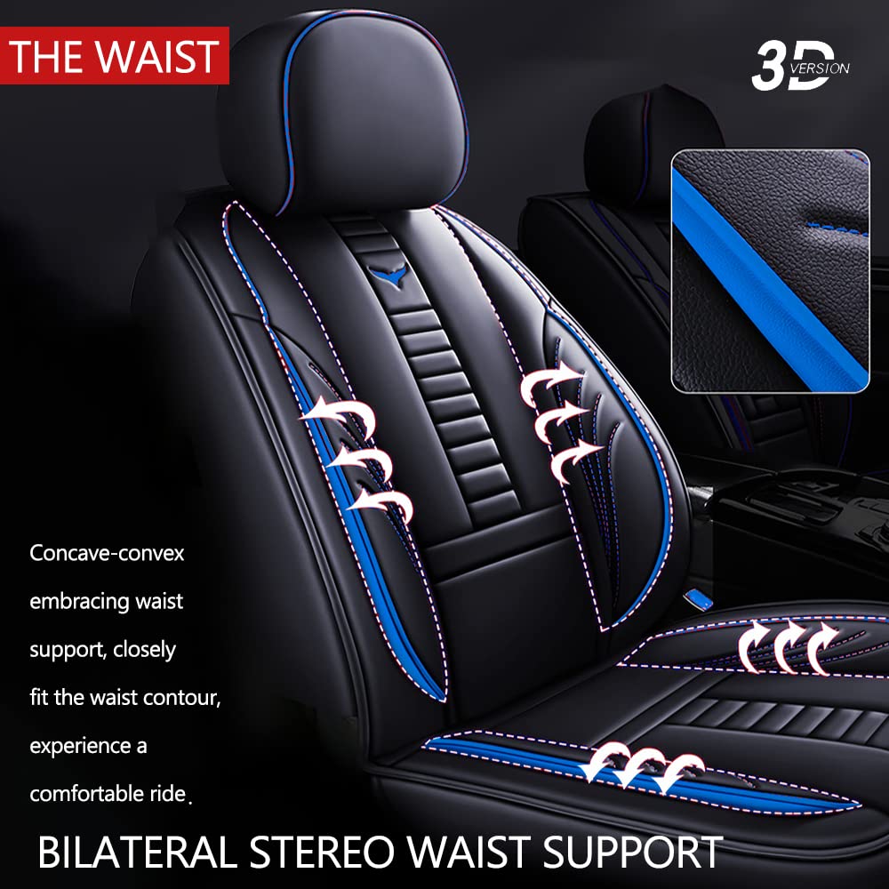Pengchen Waterproof 5 Car Seat Covers for Nissan Rogue 2008-2025, Premium Faux Leather Automotive Front and Back Seat Protectors Compatible with Airbag Black & Blue Line