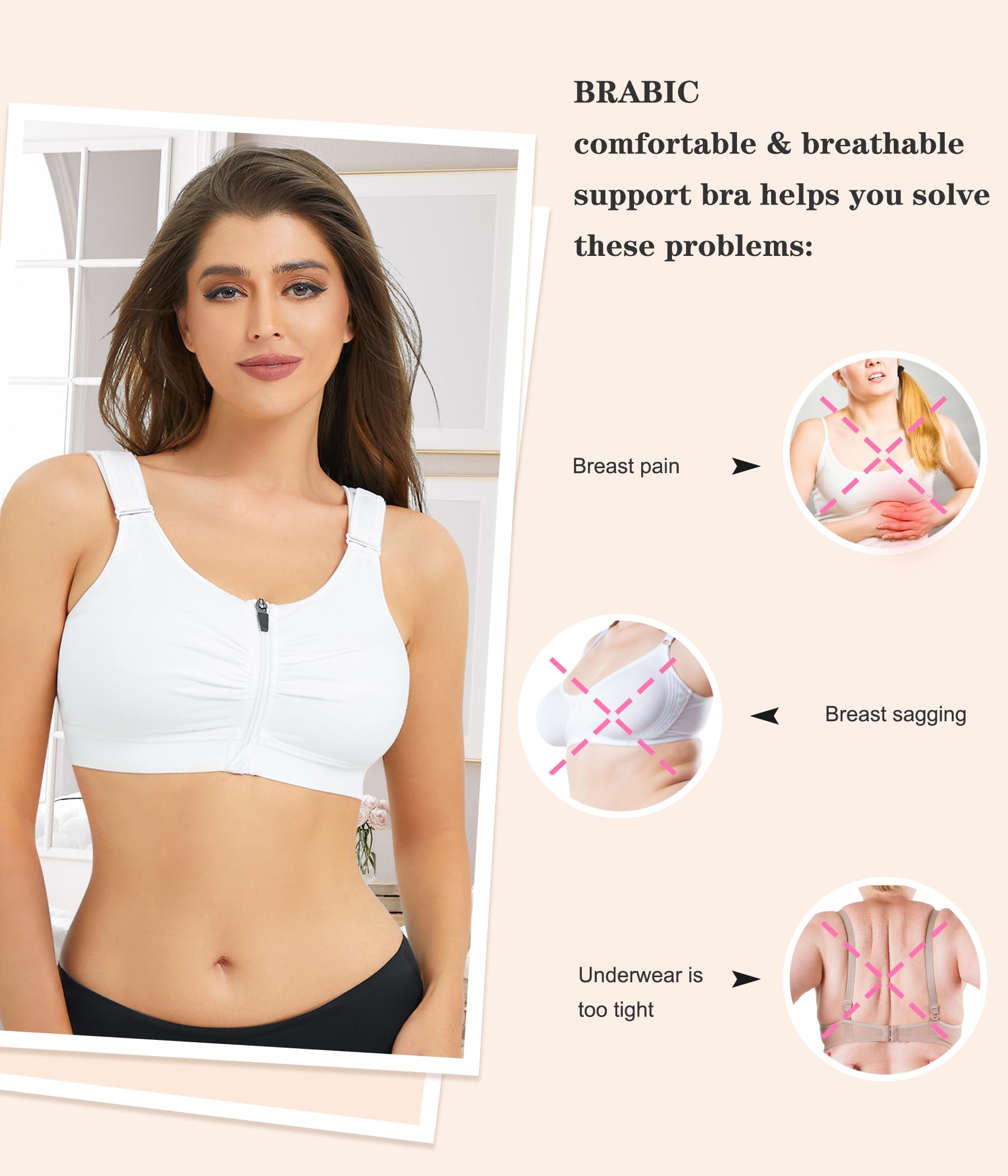 BRABIC Zip Front Closure Everyday Bra for Women Post Surgery Compression Support with Adjustable Straps Wirefree (Medium, White)