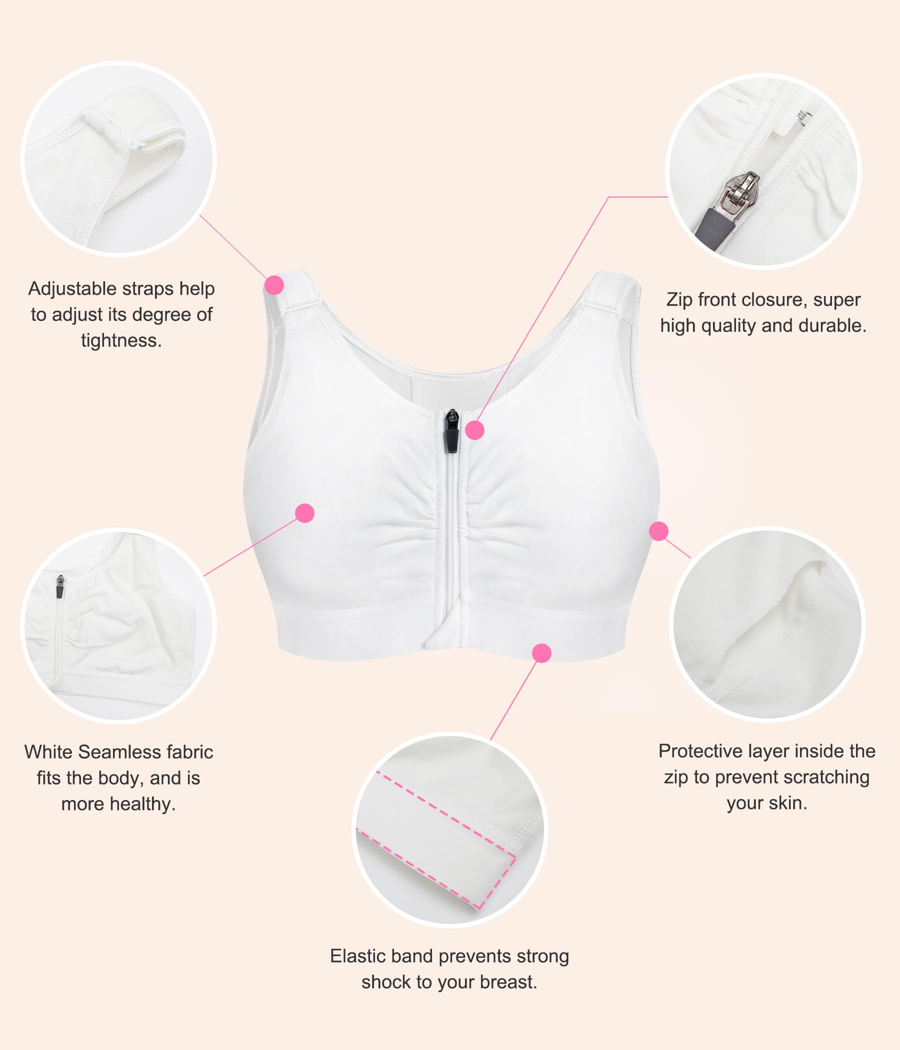 BRABIC Zip Front Closure Everyday Bra for Women Post Surgery Compression Support with Adjustable Straps Wirefree (Medium, White)