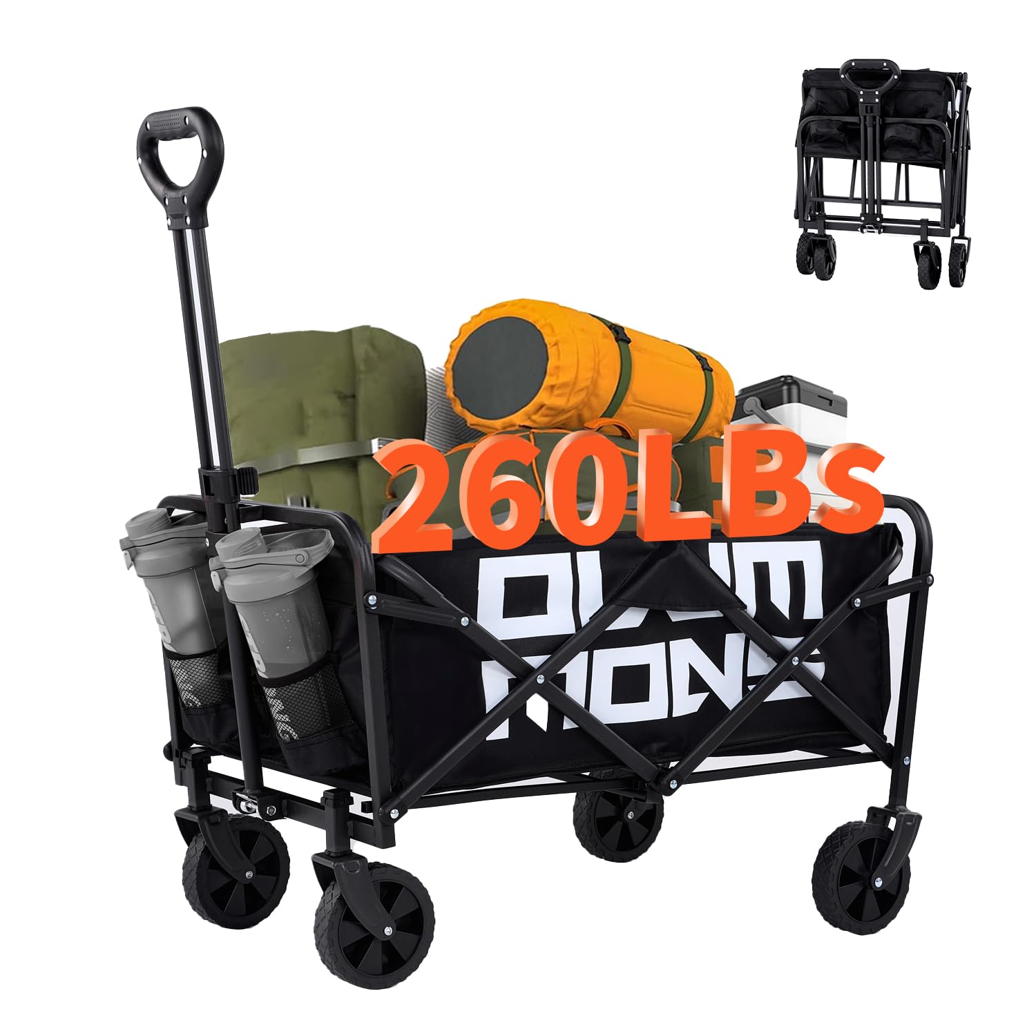 Olymmons Collapsible Folding Wagon Carts 260lbs Weight Capacity Heavy Duty Foldable Utility Wagon Cart with All Terrain Wheels for Camping,Shopping,Grocery,Beach,Garden