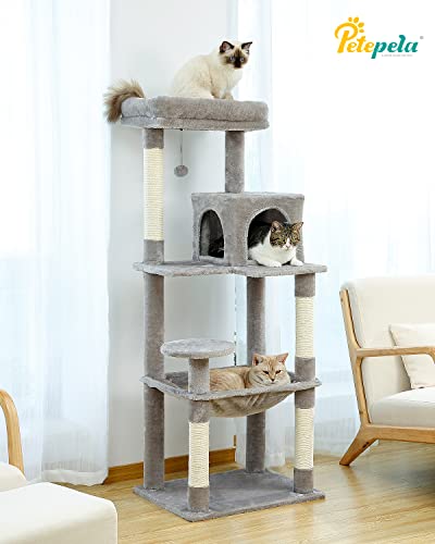 PETEPELA 56.3 Inches Cat Tree for Indoor Cats Multi-Level Cat Tower with Sisal Covered Scratching Posts, Cozy Condo, Super Large Hammock and Plush Perches Grey