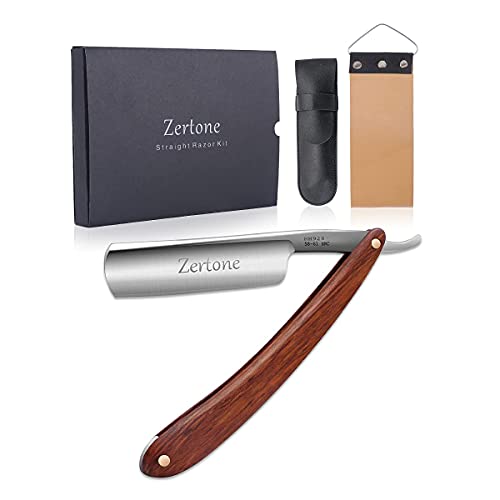 Zertone Straight Razor Kit with Strop - Straight Edge Razor Natural Wood Scale â Sharp, High Hardness Carbon Steel Cutthroat Straight Edge Blade, Vintage Wood Handle, Barber Razor