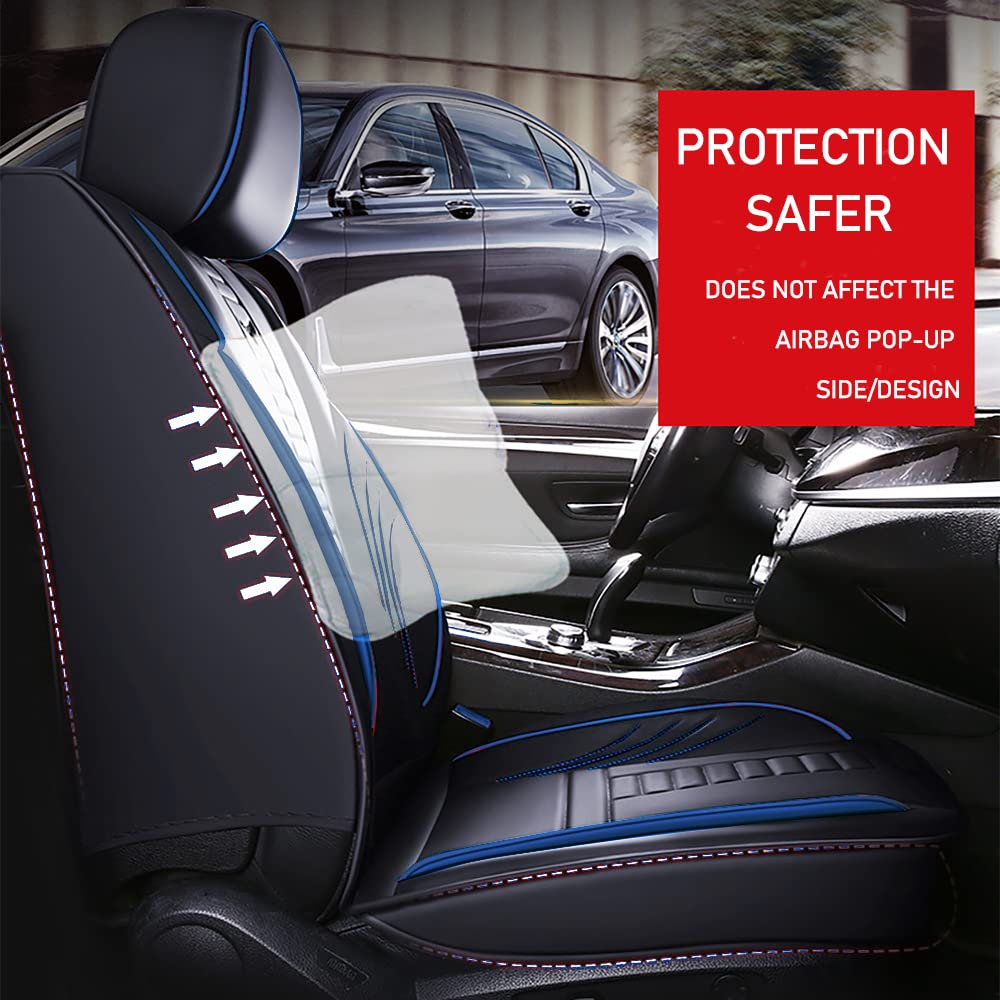 Pengchen Waterproof 5 Car Seat Covers for Nissan Rogue 2008-2025, Premium Faux Leather Automotive Front and Back Seat Protectors Compatible with Airbag Black & Blue Line
