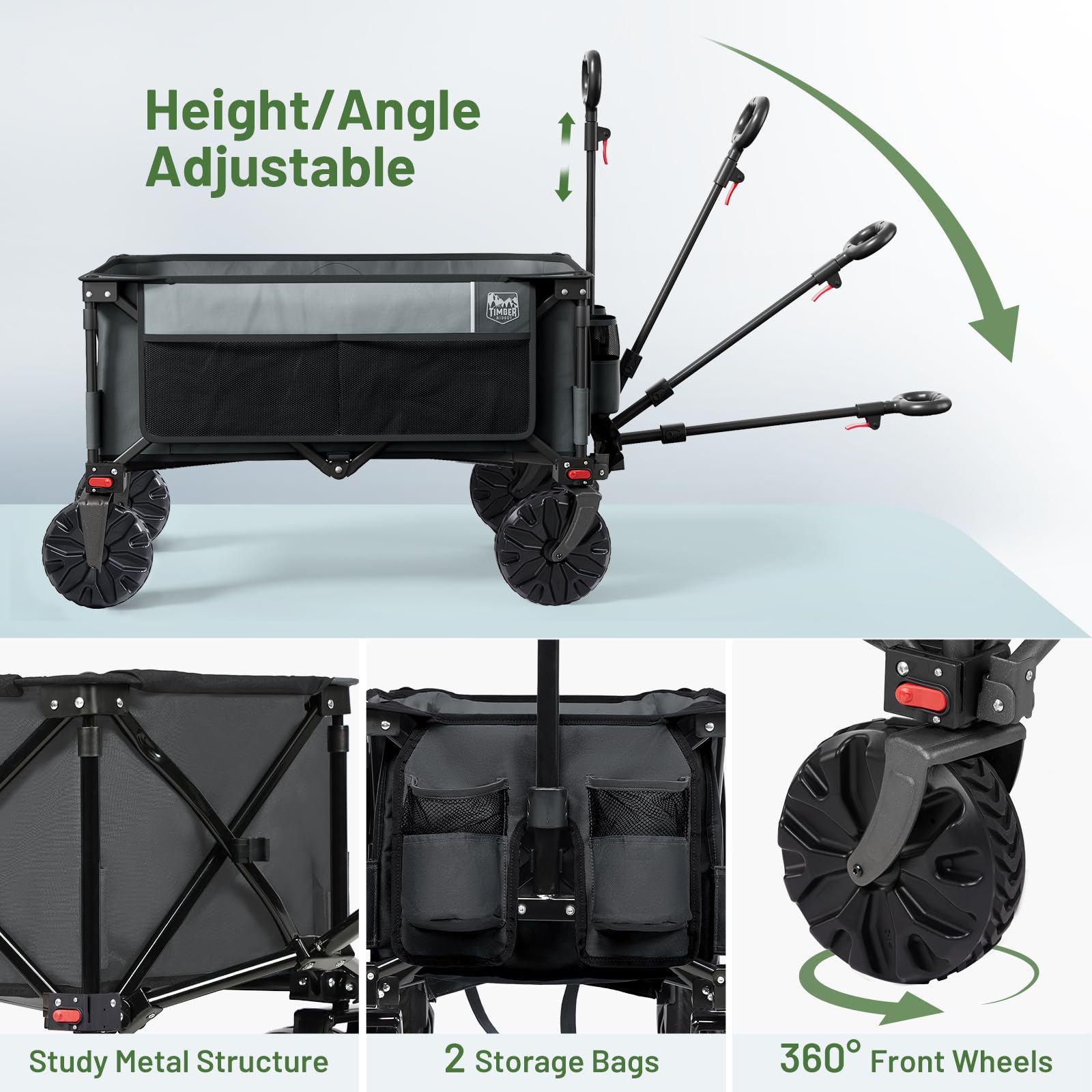 TIMBER RIDGE Outdoor Collapsible Wagon Utility Folding Cart Heavy Duty All Terrain Wheels for Shopping Camping Garden with Side Bag and Cup Holders, Grey