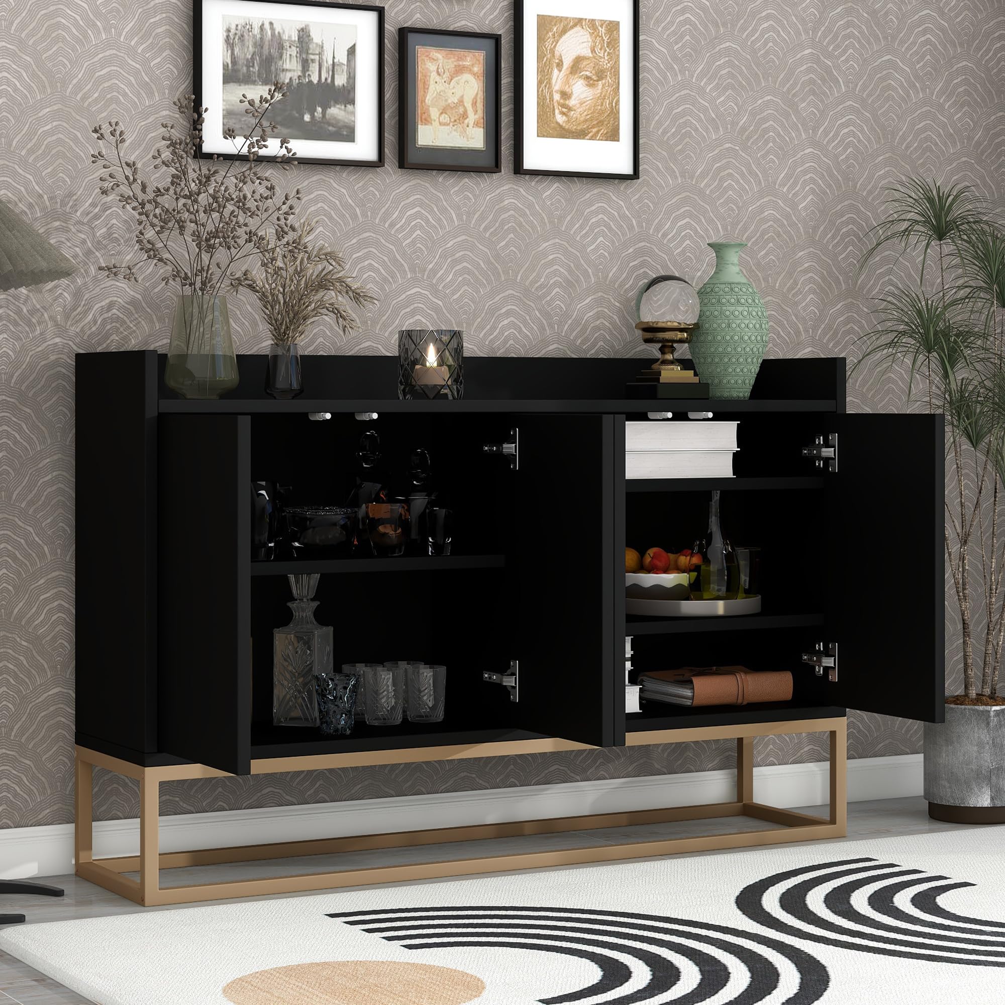 LUMISOL Modern Wood Kitchen Storage Sideboard Buffet Cabinet Console Table with Doors Wood Coffee Bar Cabinet with Shelves and Metal Base