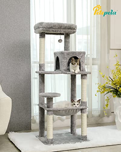 PETEPELA 56.3 Inches Cat Tree for Indoor Cats Multi-Level Cat Tower with Sisal Covered Scratching Posts, Cozy Condo, Super Large Hammock and Plush Perches Grey