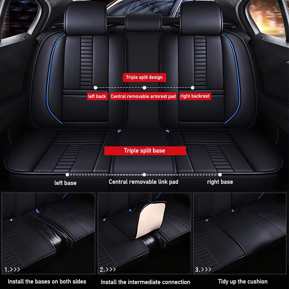 Pengchen Waterproof 5 Car Seat Covers for Nissan Rogue 2008-2025, Premium Faux Leather Automotive Front and Back Seat Protectors Compatible with Airbag Black & Blue Line