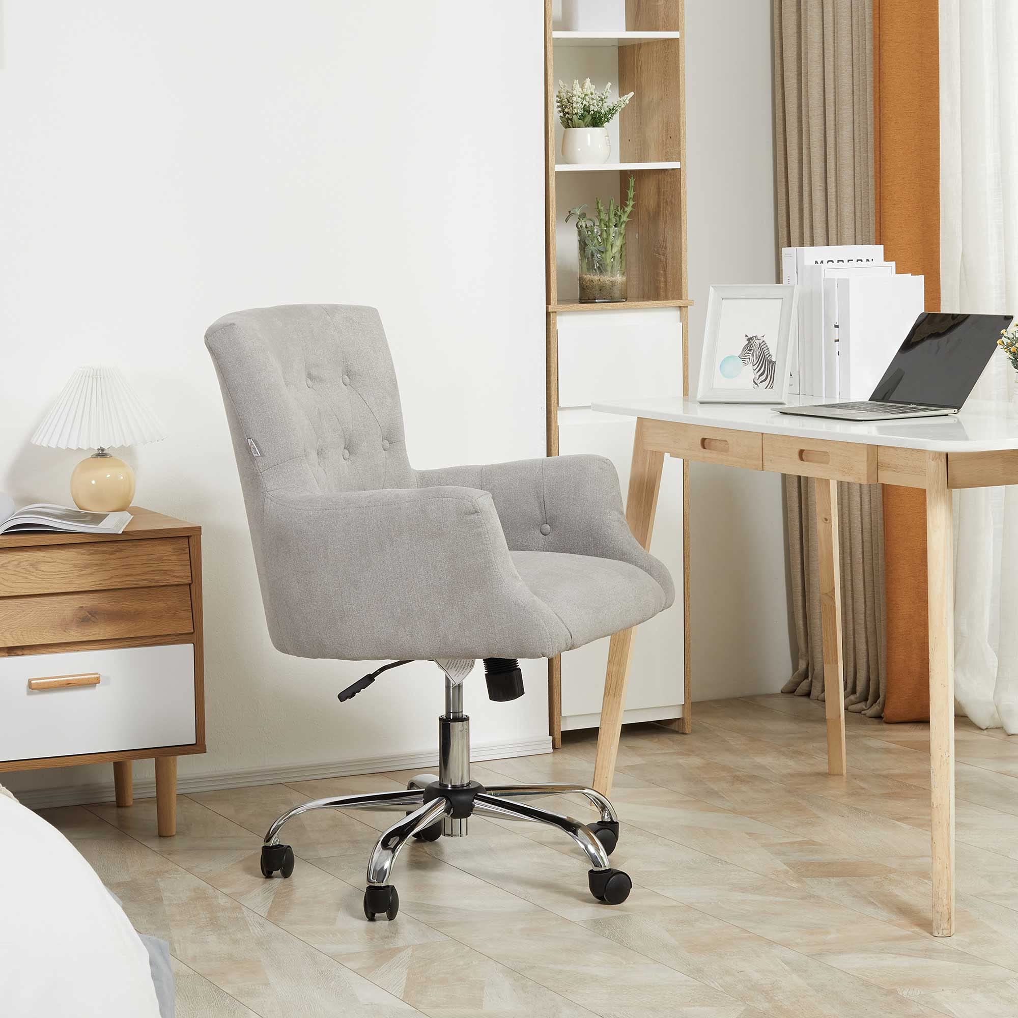 HOMCOM Mid Back Modern Home Office Chair with Tufted Button Design and Padded Armrests, Swivel Computer Desk Chair for Study Living Room Bedroom, Gray