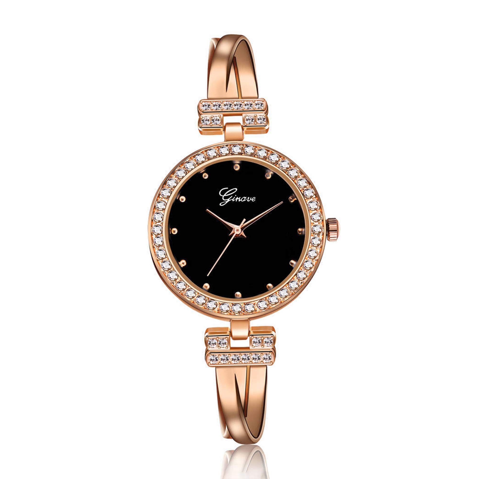 Clastyle Elegante Rose Gold Watch for Women Glitter Crystal Bracelet Watch Black Dial Stainless Steel Ladies Wrist Watches Gift for Her