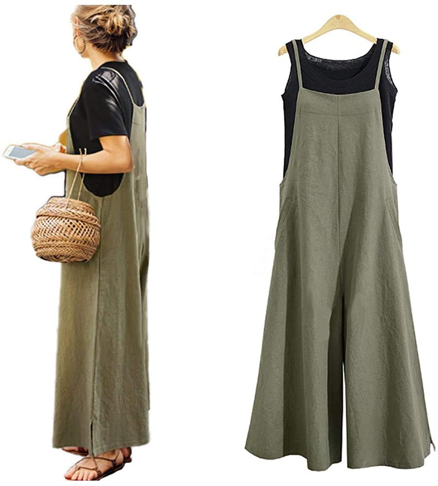 IMAYONDIA Women's Jumpsuits Casual Long Rompers Wide Leg Baggy Bibs Overalls Pants S-5XL (3X, Green)