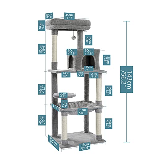 PETEPELA 56.3 Inches Cat Tree for Indoor Cats Multi-Level Cat Tower with Sisal Covered Scratching Posts, Cozy Condo, Super Large Hammock and Plush Perches Grey