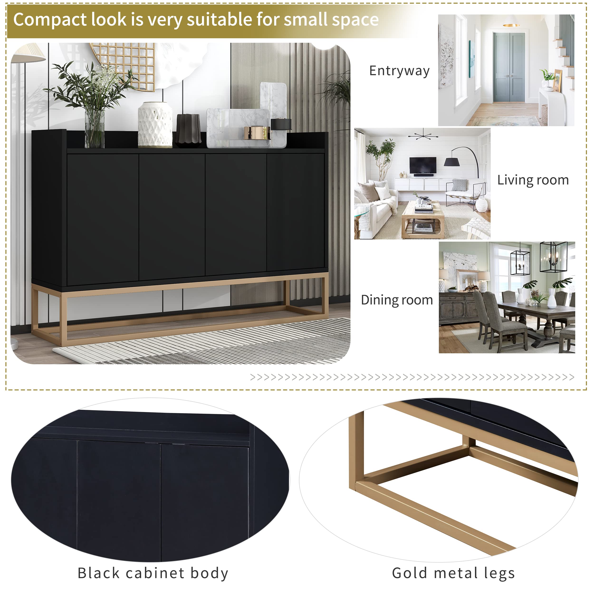 LUMISOL Modern Wood Kitchen Storage Sideboard Buffet Cabinet Console Table with Doors Wood Coffee Bar Cabinet with Shelves and Metal Base