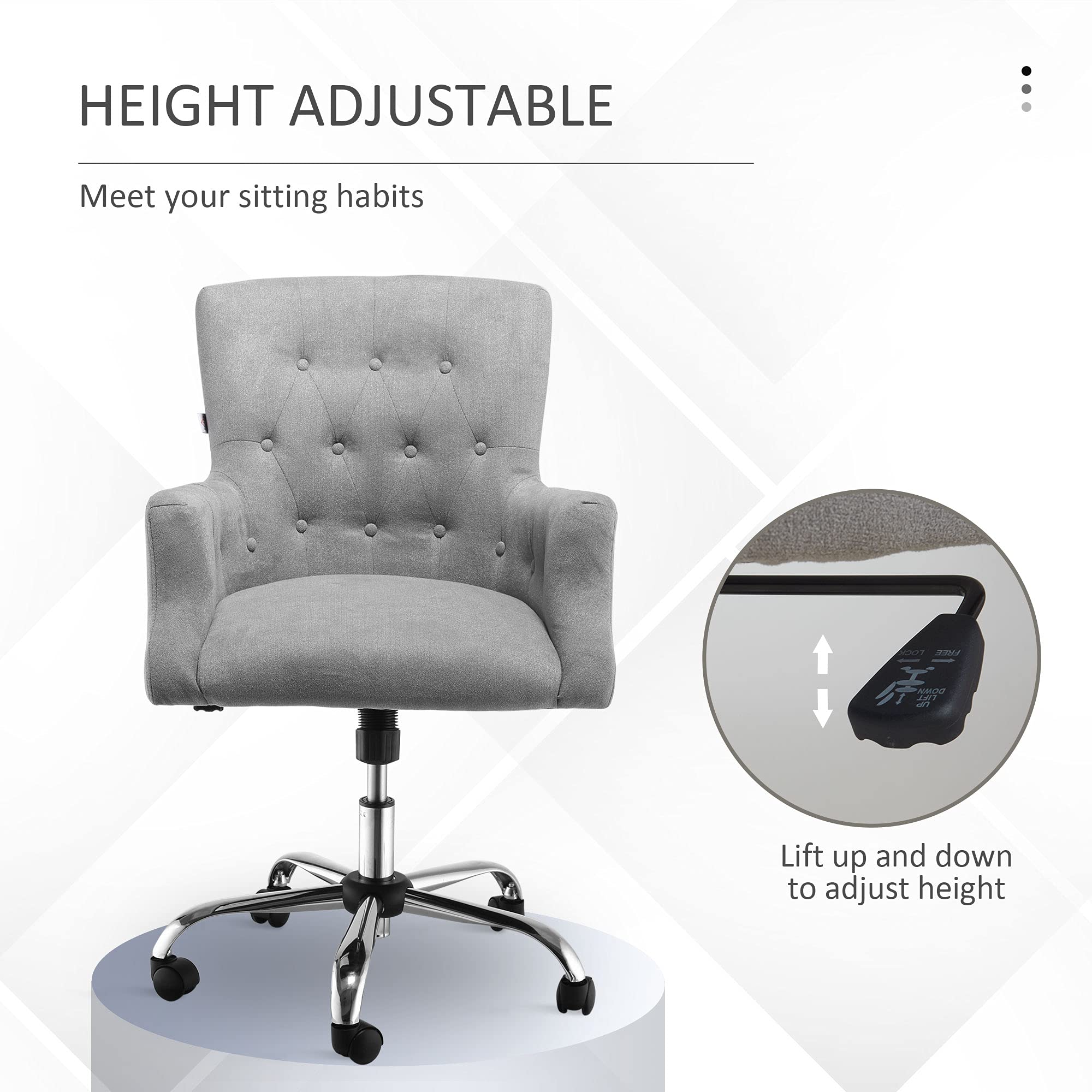 HOMCOM Mid Back Modern Home Office Chair with Tufted Button Design and Padded Armrests, Swivel Computer Desk Chair for Study Living Room Bedroom, Gray