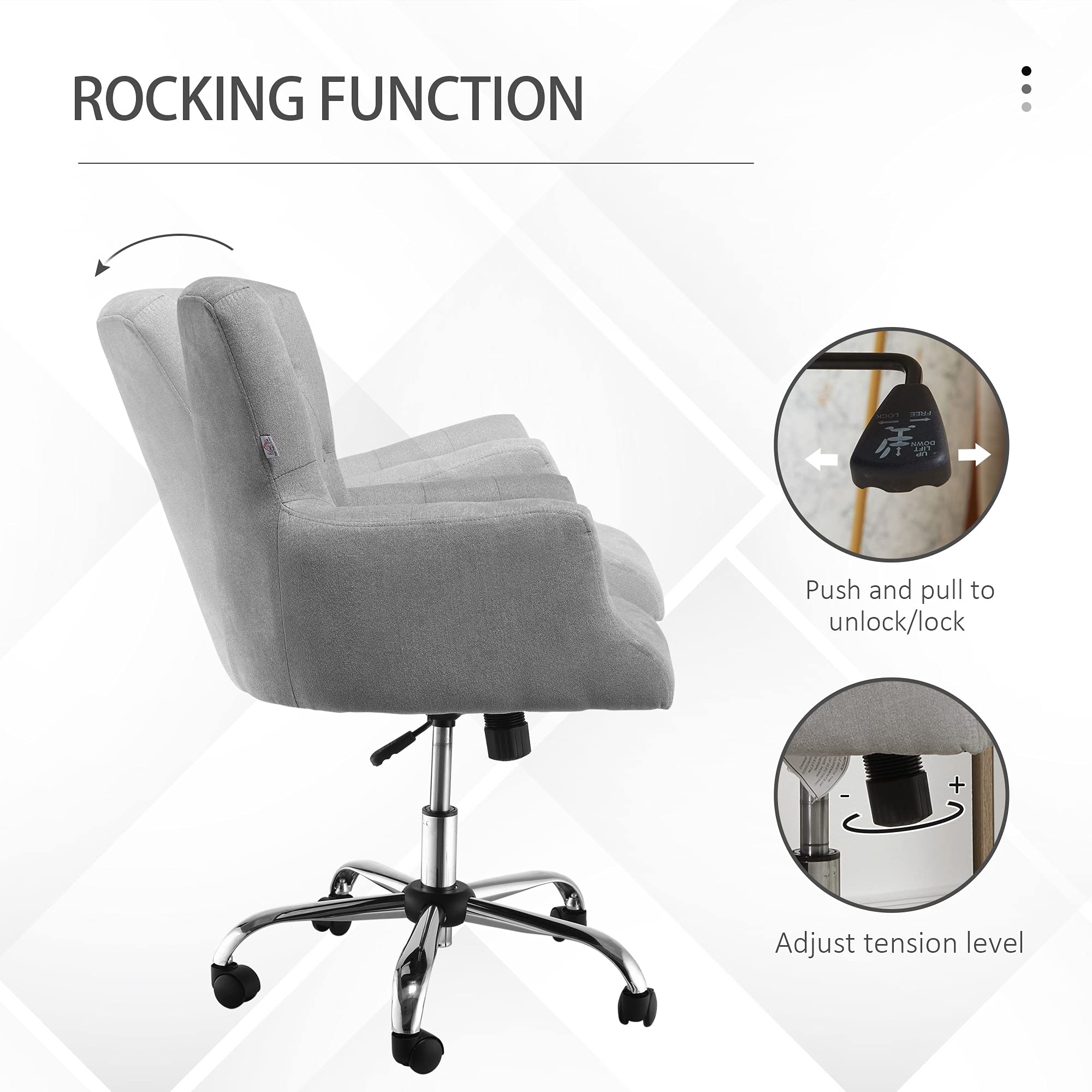 HOMCOM Mid Back Modern Home Office Chair with Tufted Button Design and Padded Armrests, Swivel Computer Desk Chair for Study Living Room Bedroom, Gray