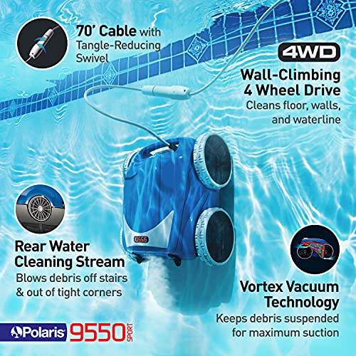 Polaris 9550 Sport Robotic Pool Cleaner, Automatic Vacuum for InGround Pools up to 60ft, 70ft Swivel Cable, Remote Control, Wall Climbing Vac w/ Strong Suction & Easy Access Debris Canister