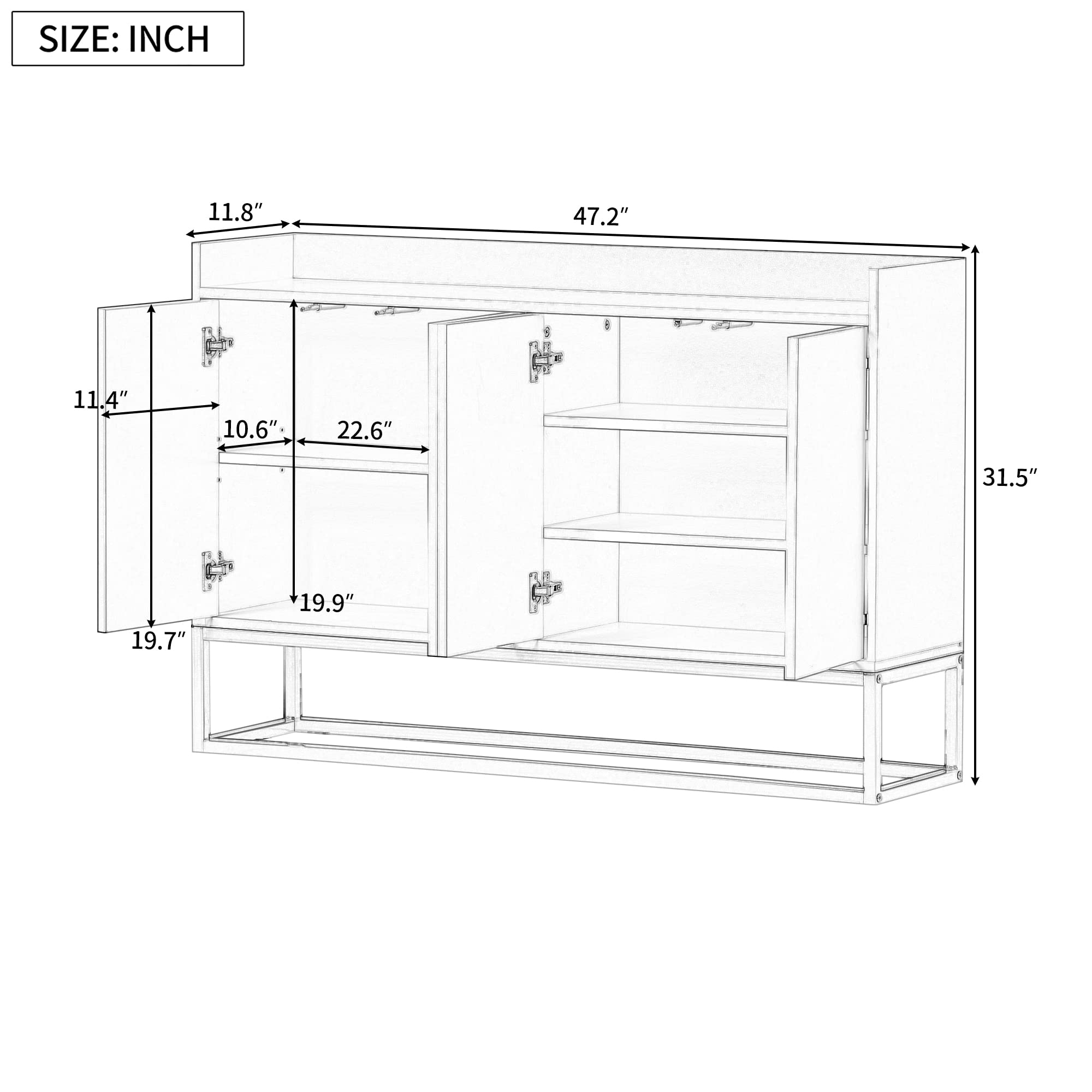 LUMISOL Modern Wood Kitchen Storage Sideboard Buffet Cabinet Console Table with Doors Wood Coffee Bar Cabinet with Shelves and Metal Base