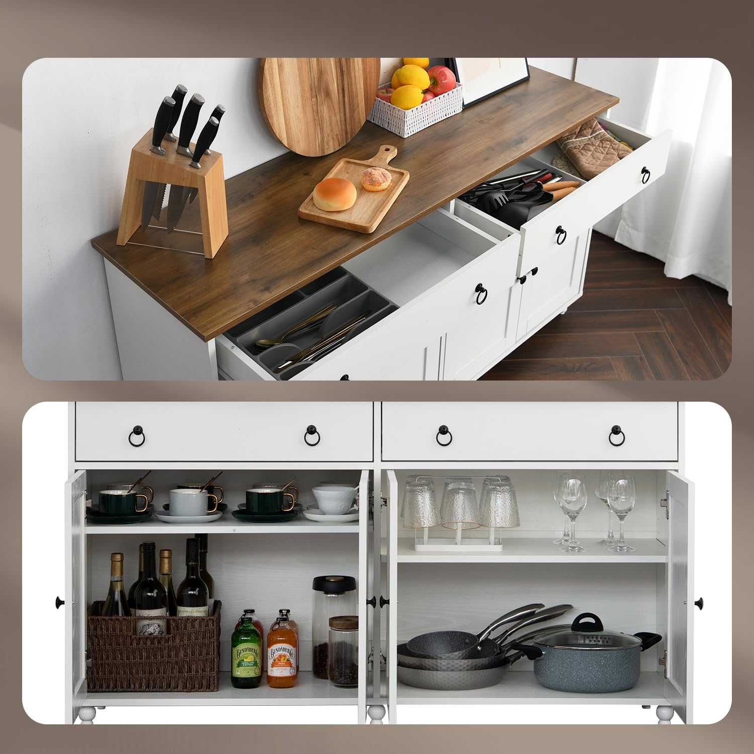 4 EVER WINNER Sideboard Buffet Cabinet, 55β White Coffee Bar Buffet Cabinet with Storage 4 Doors& 2 Drawers, Kitchen Buffet Storage Sideboards Cabinets Table Credenza Cupboard for Living Dining Room