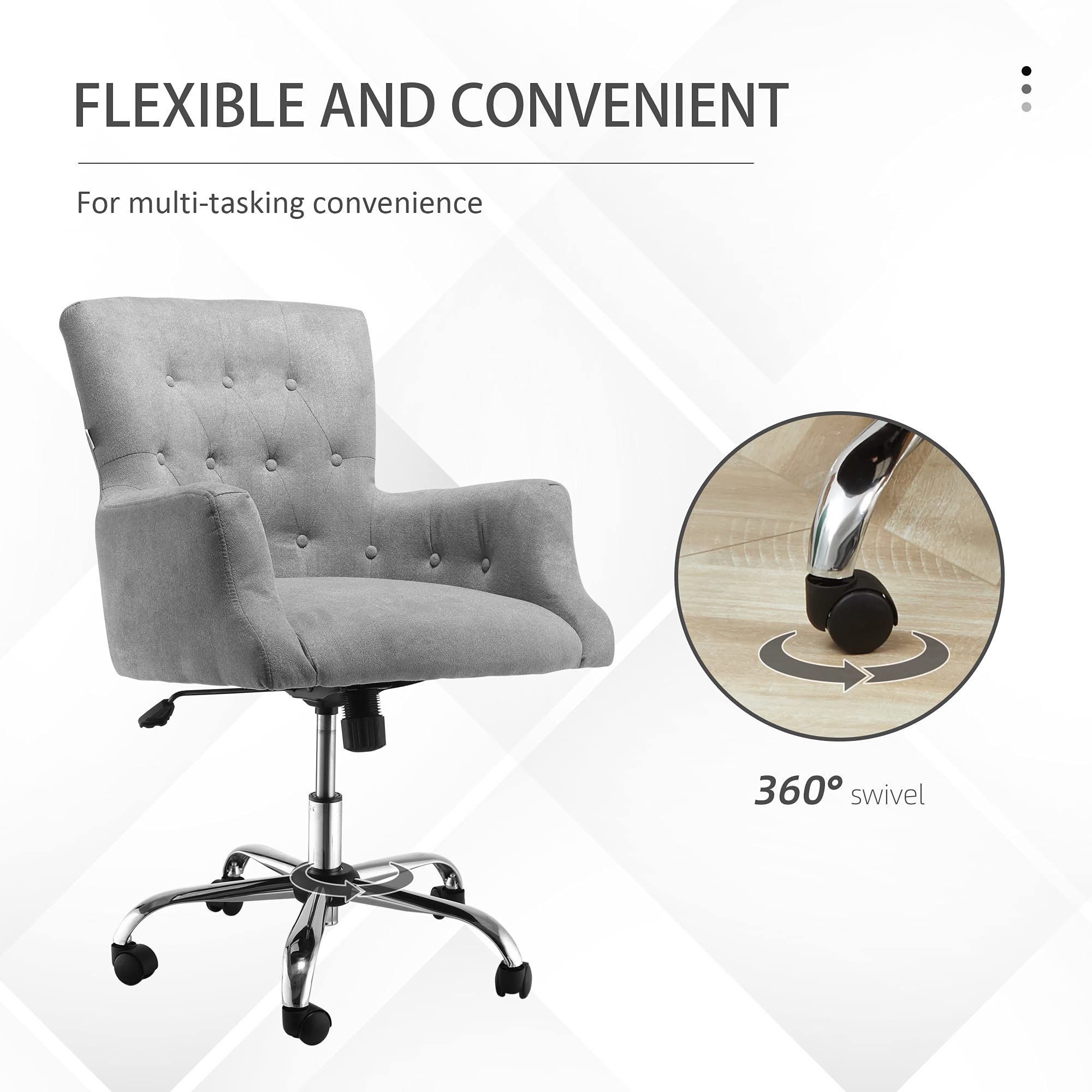 HOMCOM Mid Back Modern Home Office Chair with Tufted Button Design and Padded Armrests, Swivel Computer Desk Chair for Study Living Room Bedroom, Gray