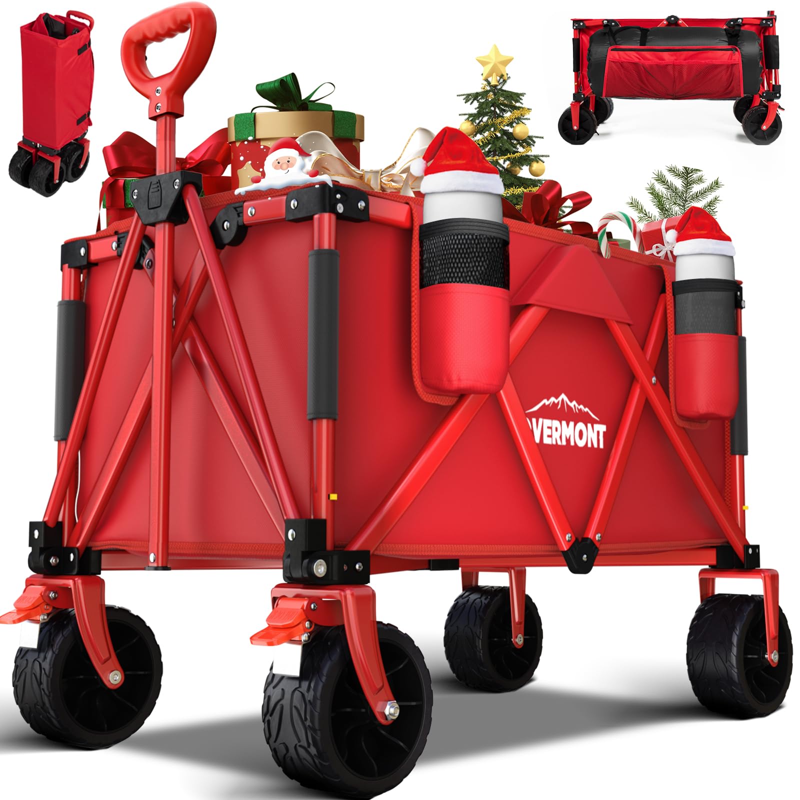 Overmont Collapsible Wagon Cart with Wheels - Foldable Heavy Duty Wagon with Big All-Terrain Wheels - 330Lbs Weight Capacity with Side Pockets for Camping Sports Garden Grocery Shopping red