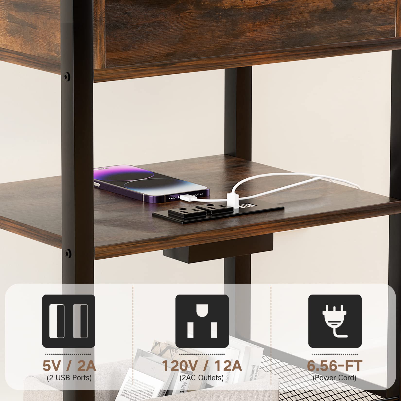YAKANJ Modern Nightstand with Charging Station and Drawer,3-Tier Side Table End Table for Living Room,Bedroom,Narrow Sofa Table Bedside Table with Storage Shelf for Small Spaces-Brown
