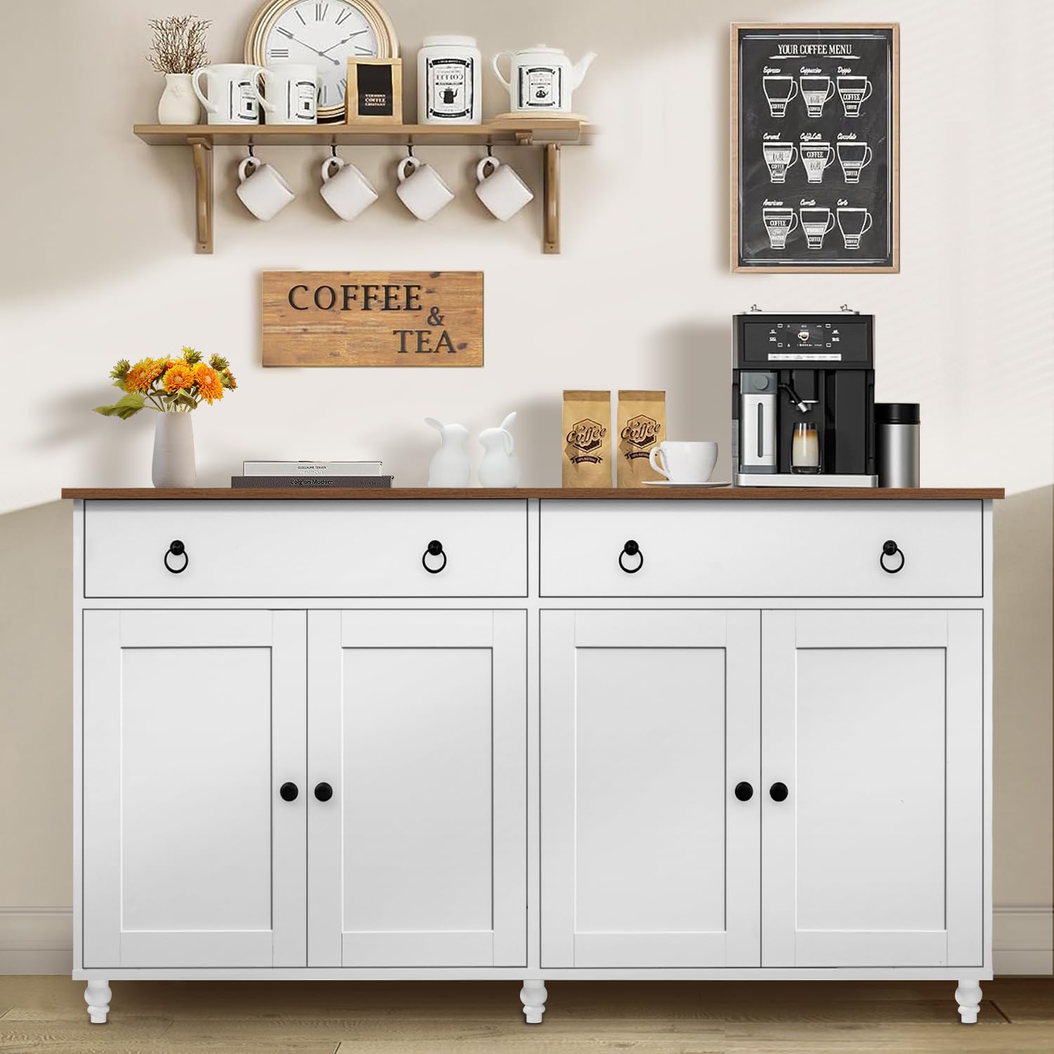 4 EVER WINNER Sideboard Buffet Cabinet, 55β White Coffee Bar Buffet Cabinet with Storage 4 Doors& 2 Drawers, Kitchen Buffet Storage Sideboards Cabinets Table Credenza Cupboard for Living Dining Room