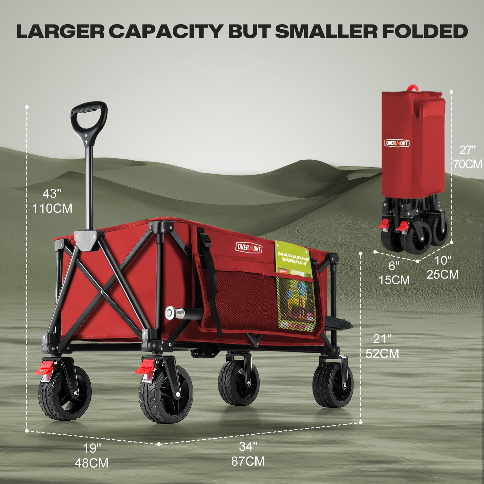 Overmont Collapsible Wagon Cart with Wheels - Foldable Heavy Duty Wagon with Big All-Terrain Wheels - 330Lbs Weight Capacity with Side Pockets for Camping Sports Garden Grocery Shopping red