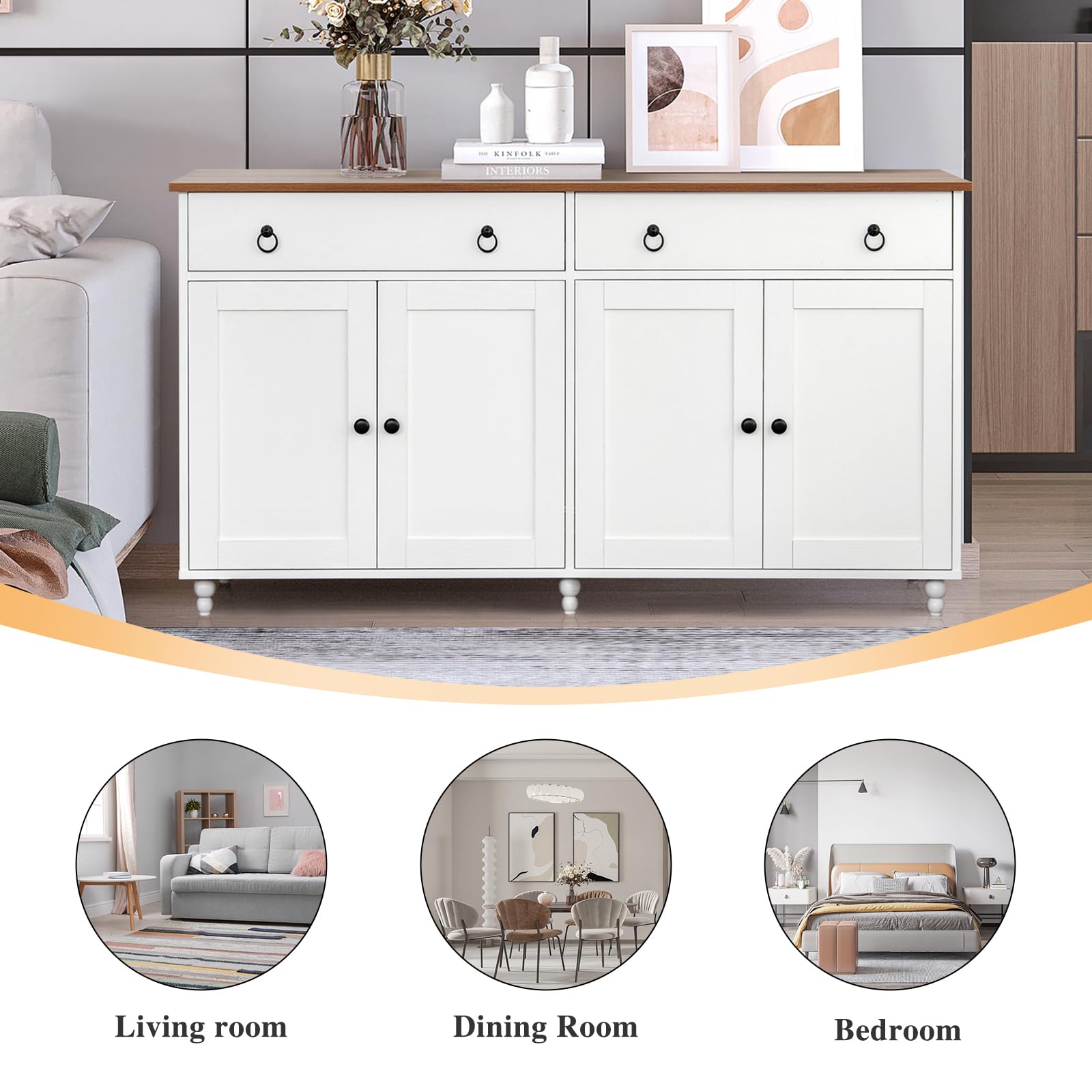 4 EVER WINNER Sideboard Buffet Cabinet, 55β White Coffee Bar Buffet Cabinet with Storage 4 Doors& 2 Drawers, Kitchen Buffet Storage Sideboards Cabinets Table Credenza Cupboard for Living Dining Room