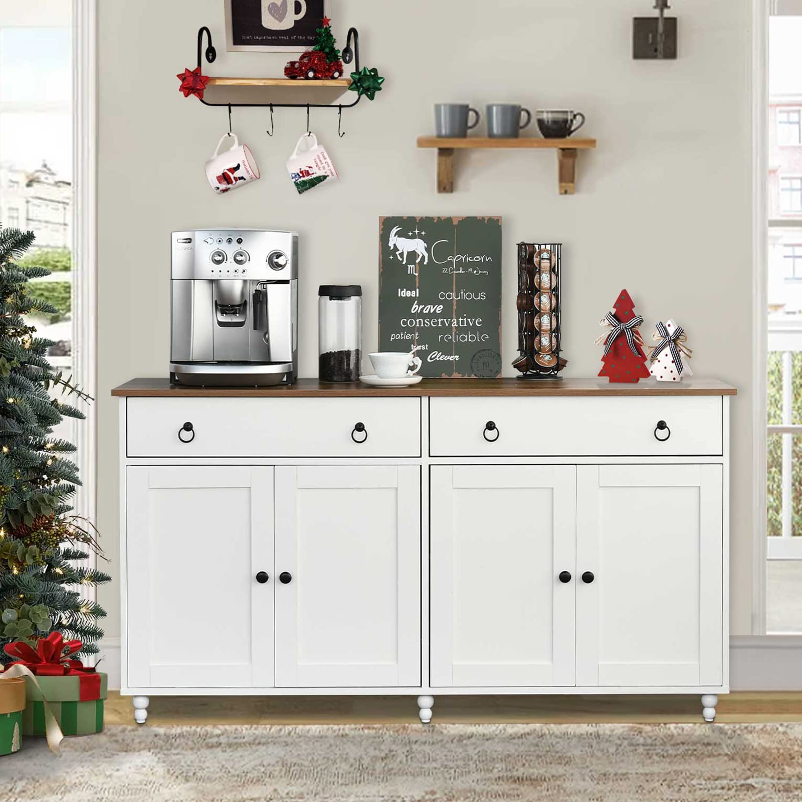 4 EVER WINNER Sideboard Buffet Cabinet, 55β White Coffee Bar Buffet Cabinet with Storage 4 Doors& 2 Drawers, Kitchen Buffet Storage Sideboards Cabinets Table Credenza Cupboard for Living Dining Room