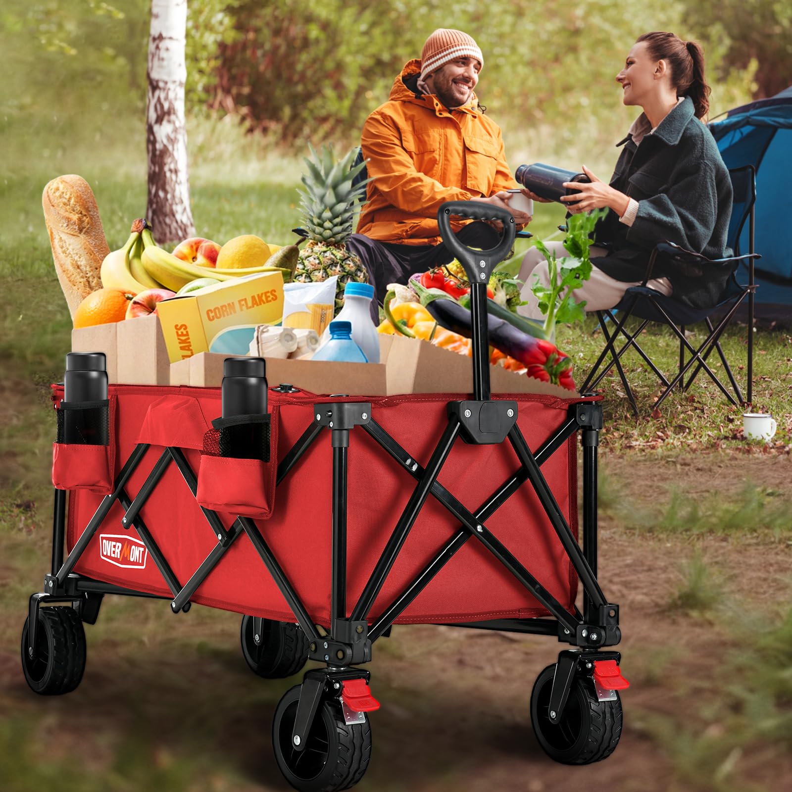 Overmont Collapsible Wagon Cart with Wheels - Foldable Heavy Duty Wagon with Big All-Terrain Wheels - 330Lbs Weight Capacity with Side Pockets for Camping Sports Garden Grocery Shopping red