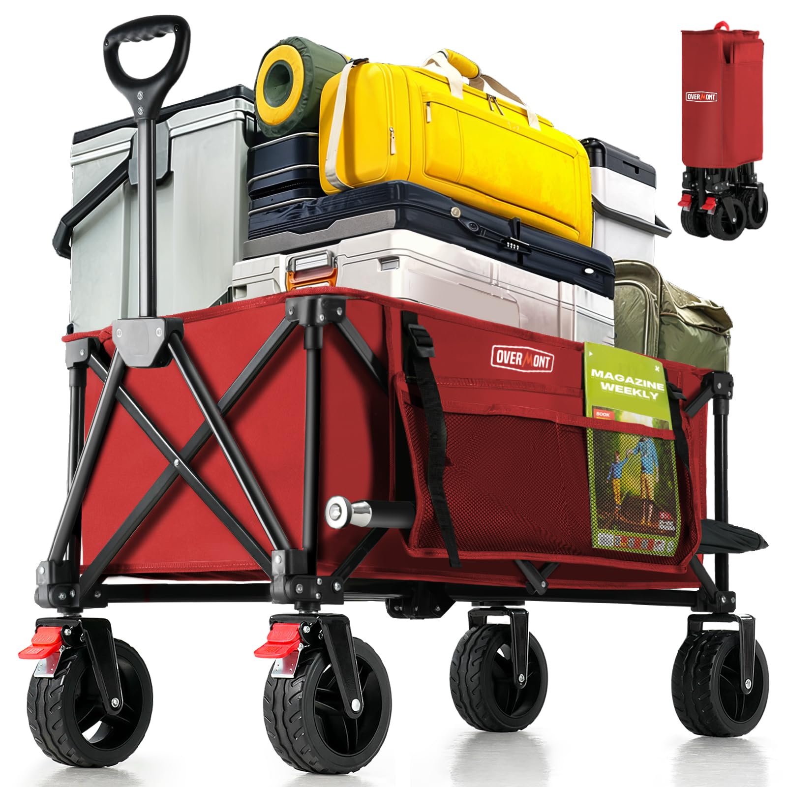 Overmont Collapsible Wagon Cart with Wheels - Foldable Heavy Duty Wagon with Big All-Terrain Wheels - 330Lbs Weight Capacity with Side Pockets for Camping Sports Garden Grocery Shopping red