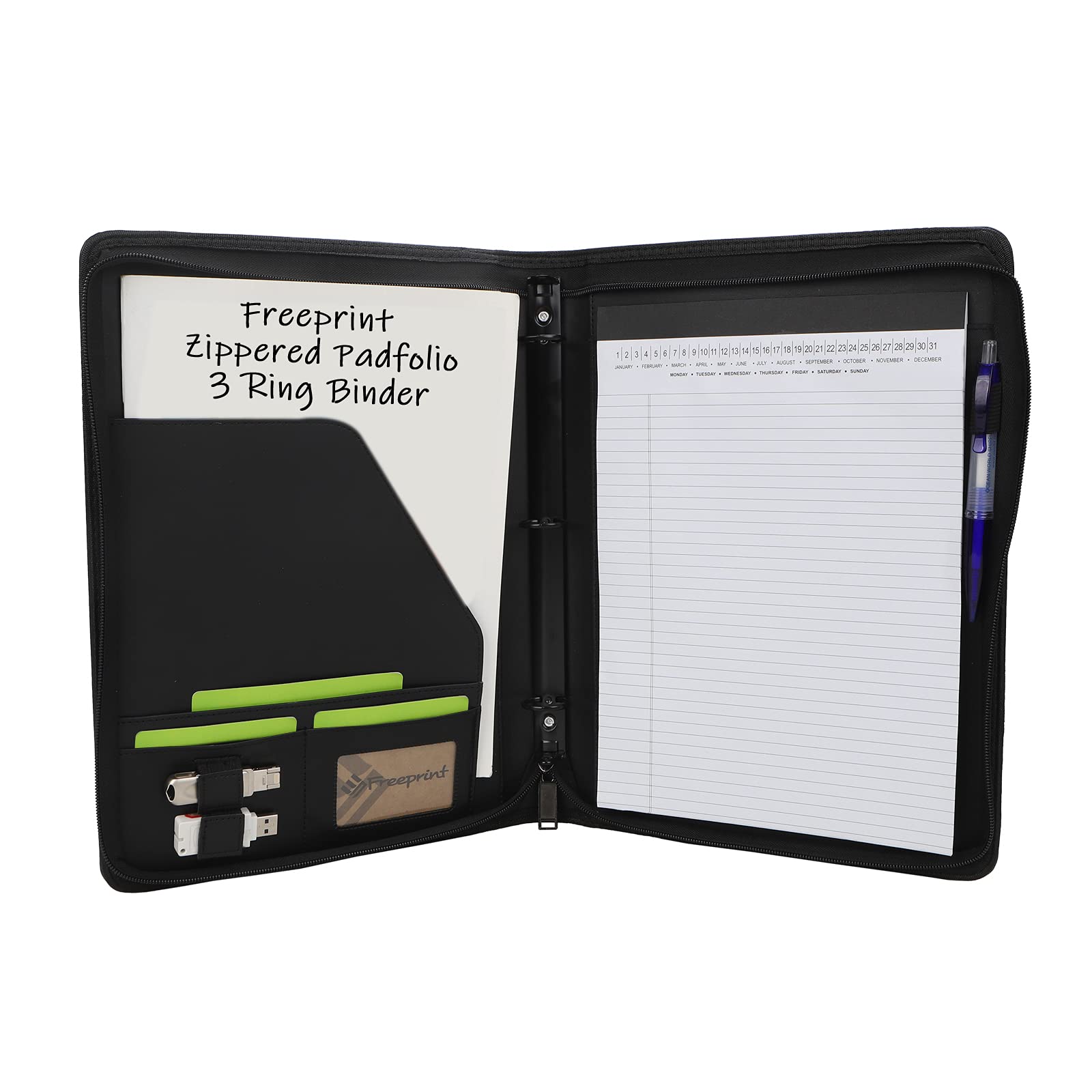 Freeprint Zippered Portfolio Binder 3 Ring with Writing Pad Legal Size Letter - PU Leather Professional Padfolio Folder for Interview Business, Black