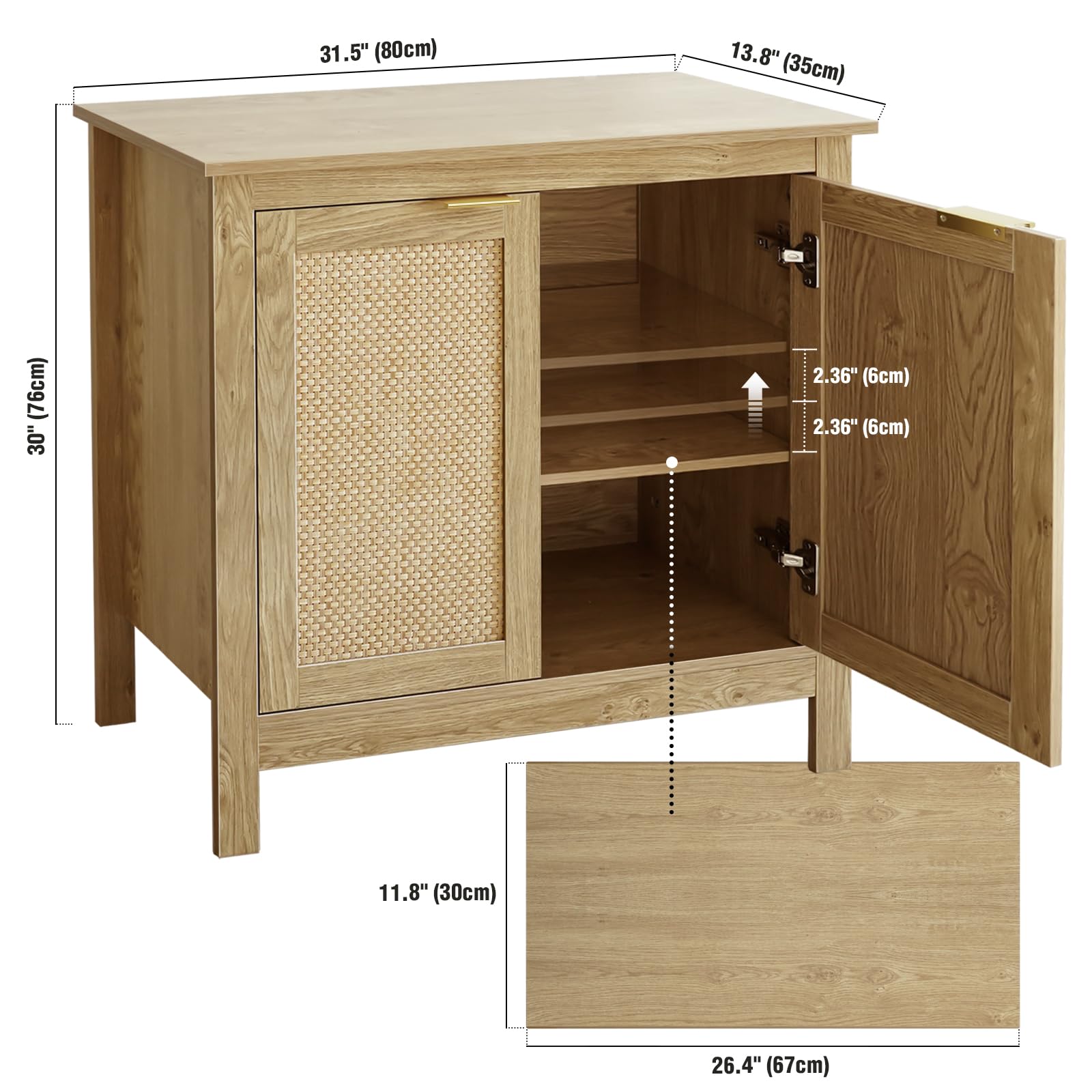 Giluta Sideboard Buffet Cabinet, Farmhouse Kitchen Cabinets with 2 Rattan Doors, 30''H Boho Cabinet for Entryway