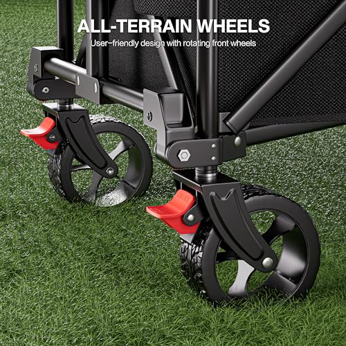 Ribitek Collapsible Folding Wagon,Heavy Duty Foldable Utility Garden Cart with Big All-Terrain Beach Wheels, Cup Holders & Side Pockets,for Camping, Garden, Sports, Shopping, Black